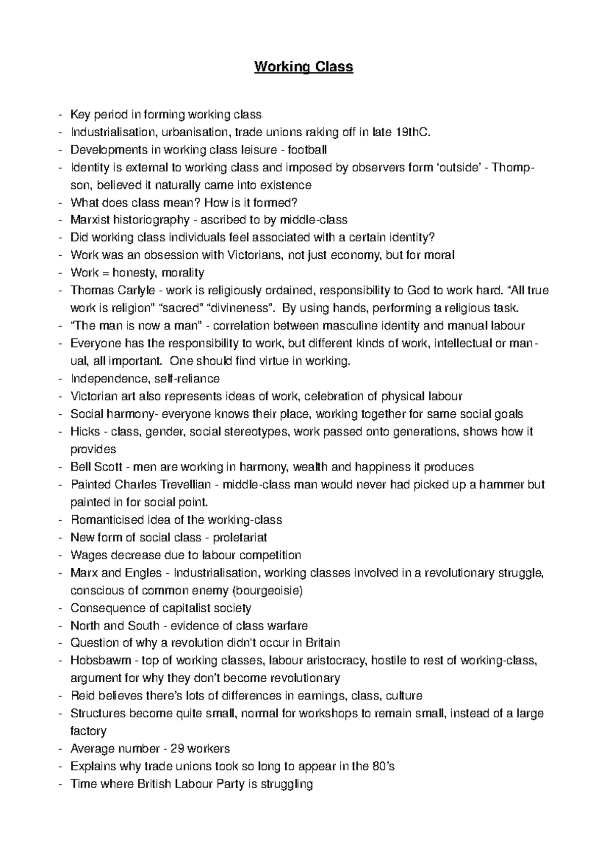V3 - Working Class - Lecture notes 3 - Working Class Key period in ...