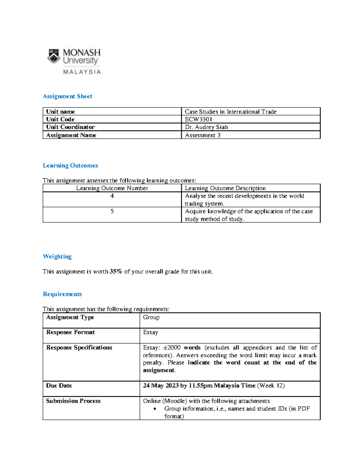 ECWA3 - Tutorial - Assignment Sheet Unit name Case Studies in ...