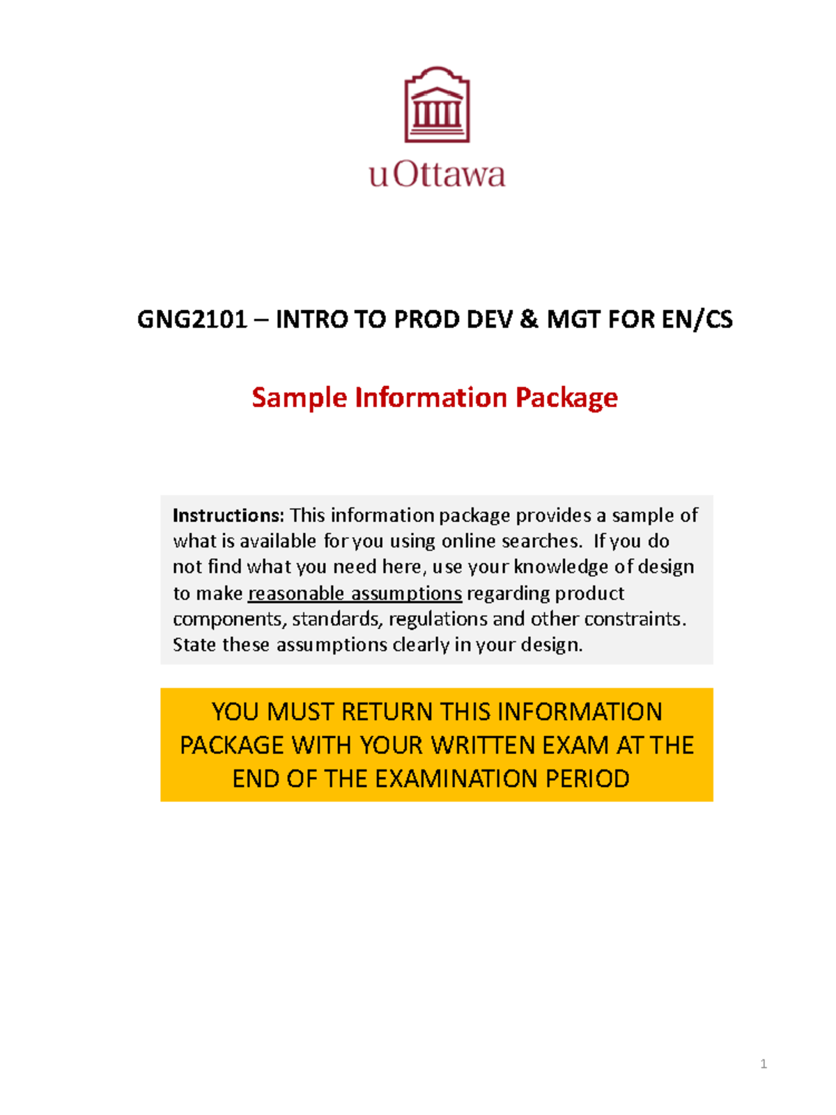 Sample Information Package GNG2101 2023F - GNG2101 – INTRO TO PROD DEV & MGT FOR EN/CS Sample ...