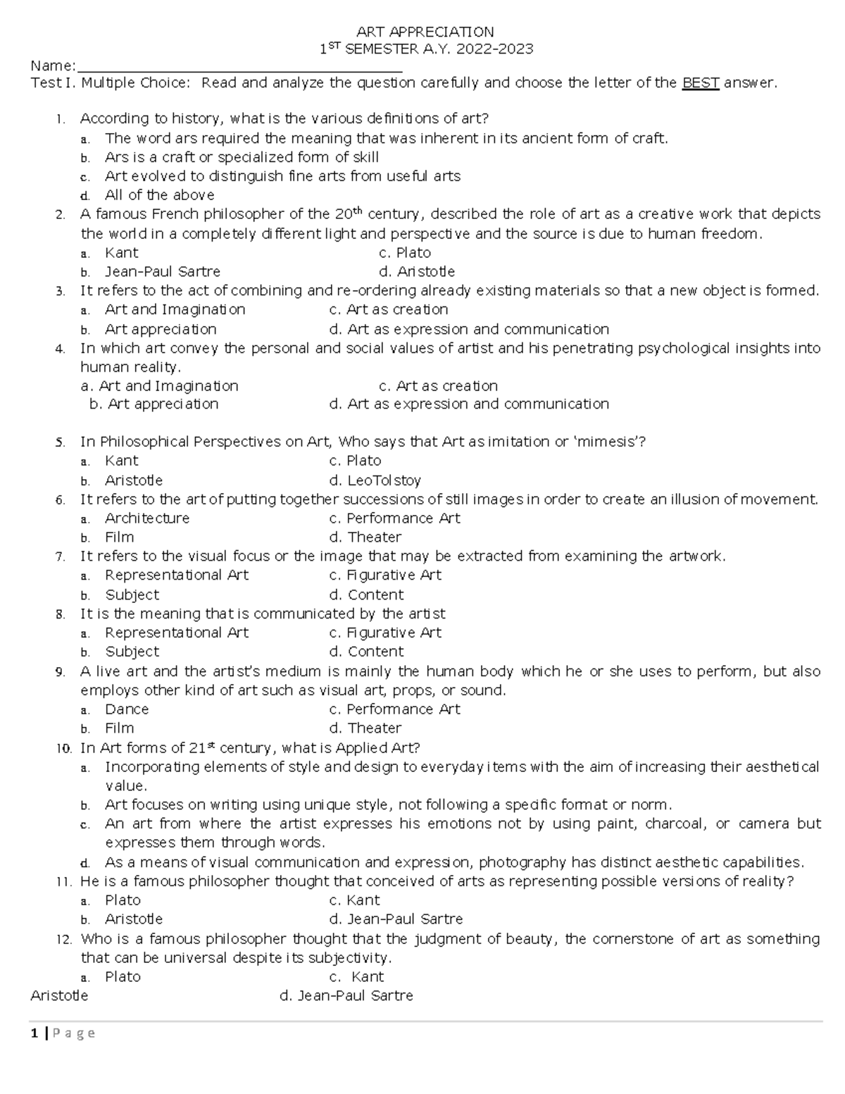 Art appreciation reviewer for students - ART APPRECIATION 1 ST SEMESTER ...