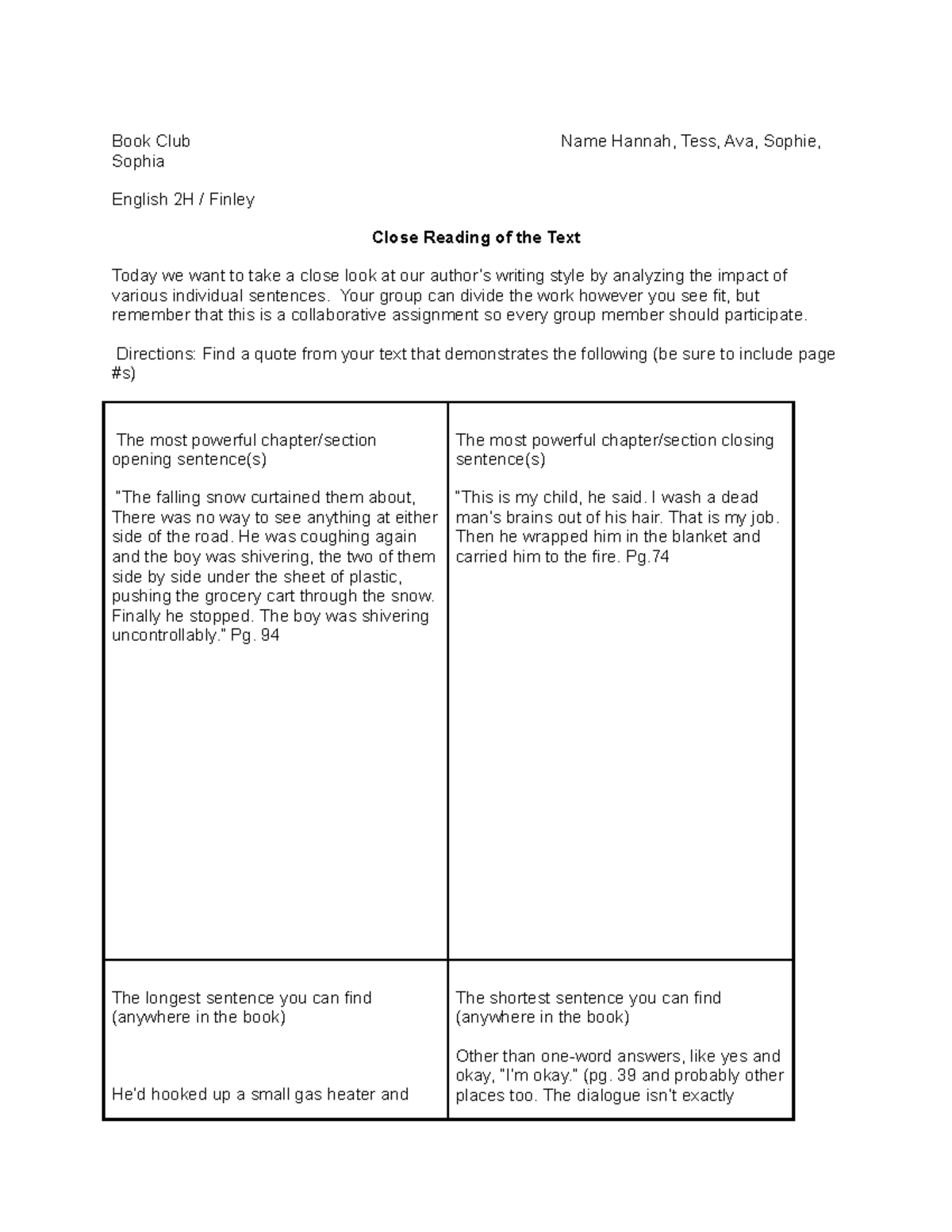 Copy of Book Club Close Reading - Book Club Name Hannah, Tess, Ava ...
