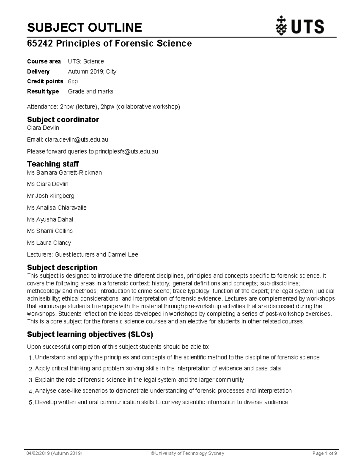 Subject Outline - SUBJECT OUTLINE 65242 Principles of Forensic Science ...