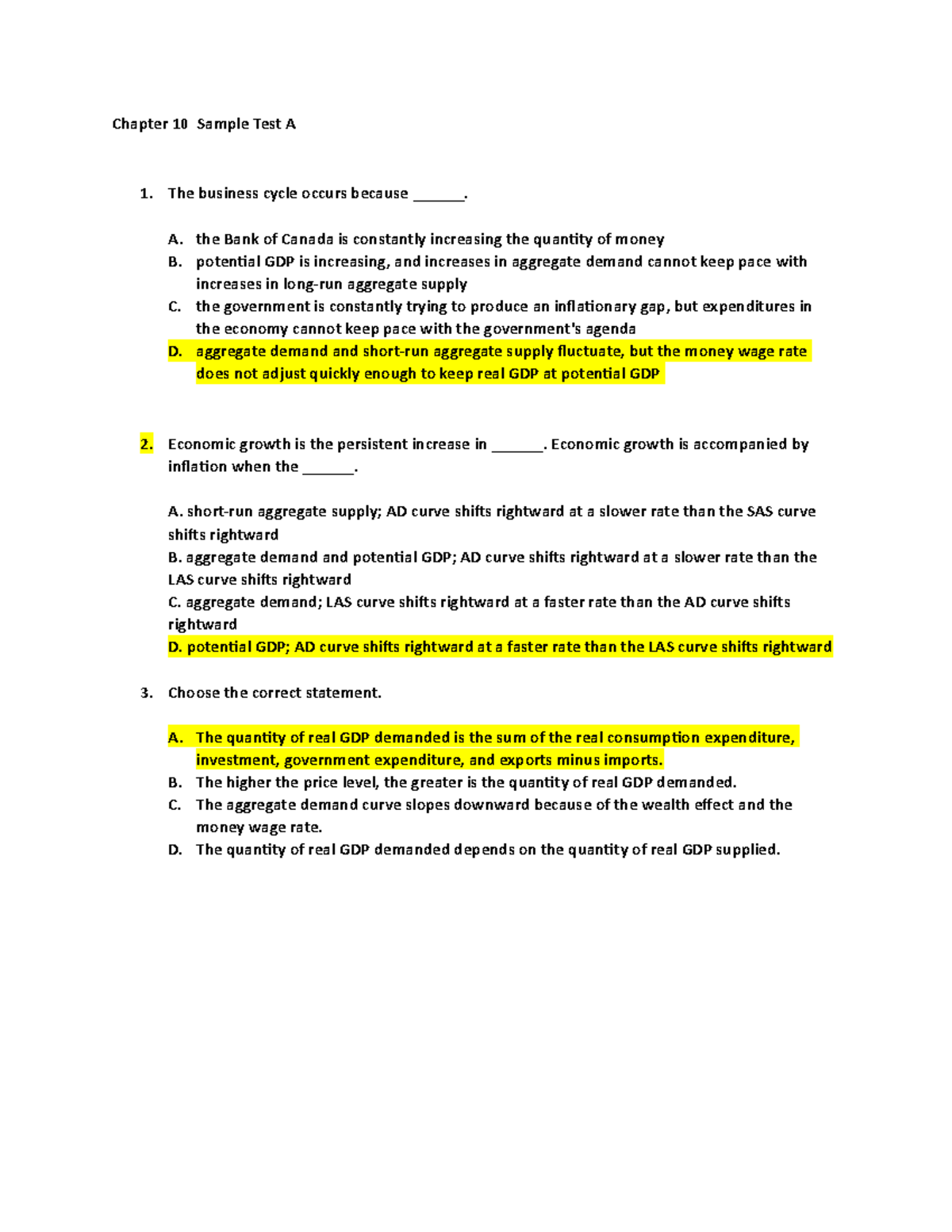 Chapter 10 Sample Test A And B Chapter 10 Sample Test A The Business