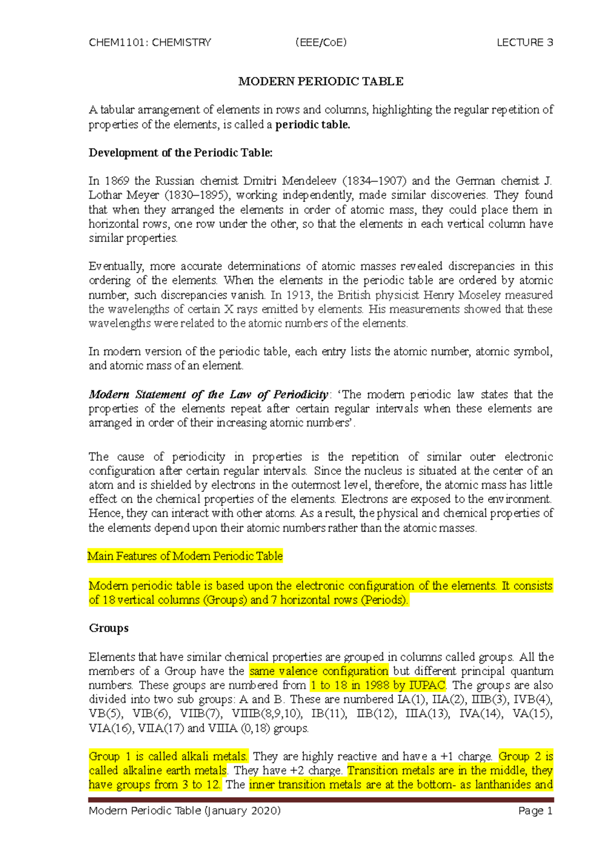 3. Modern Periodic Table - MODERN PERIODIC TABLE A tabular arrangement ...