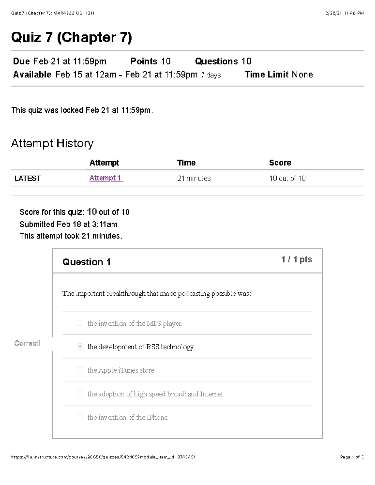 Quiz 7 (Chapter 7): MAR4233 U01 1211 - Quiz 7 (Chapter 7) Due Feb 21 at ...