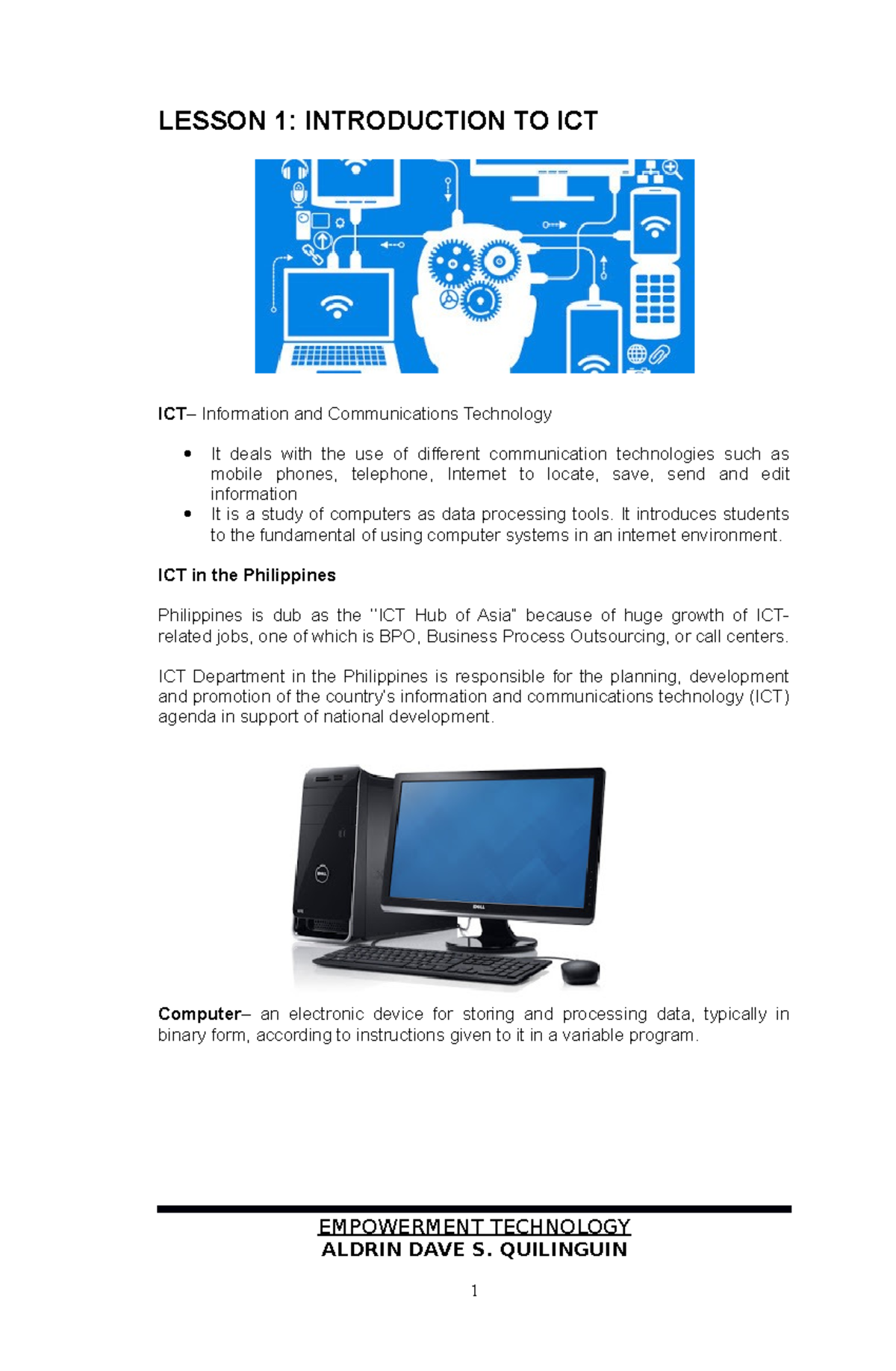 Lesson-1 - EmpTech - LESSON 1: INTRODUCTION TO ICT ICT– Information and Communications ...