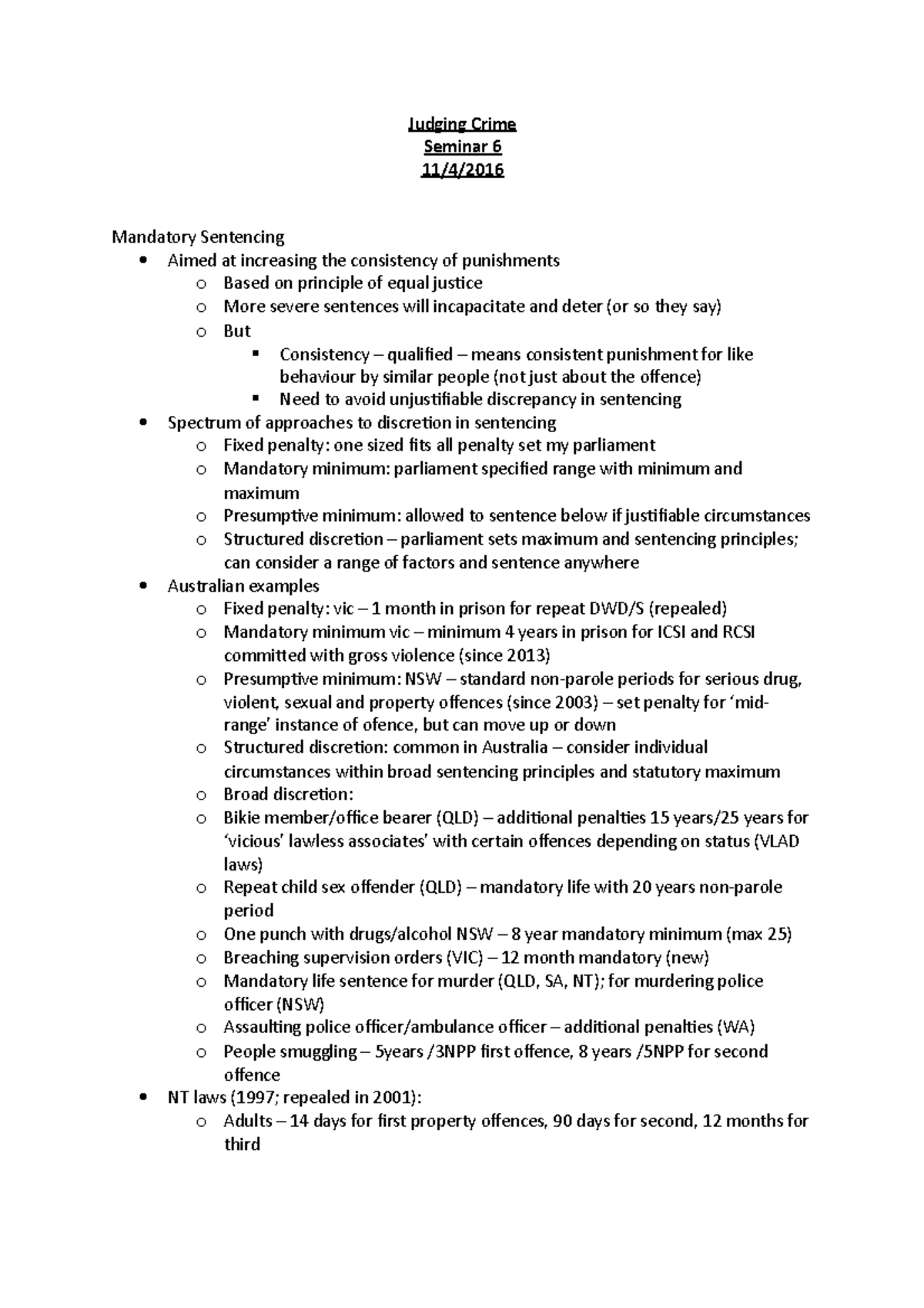 JC - Seminar 6 - Notes - Judging Crime Seminar 6 11/4/ Mandatory ...
