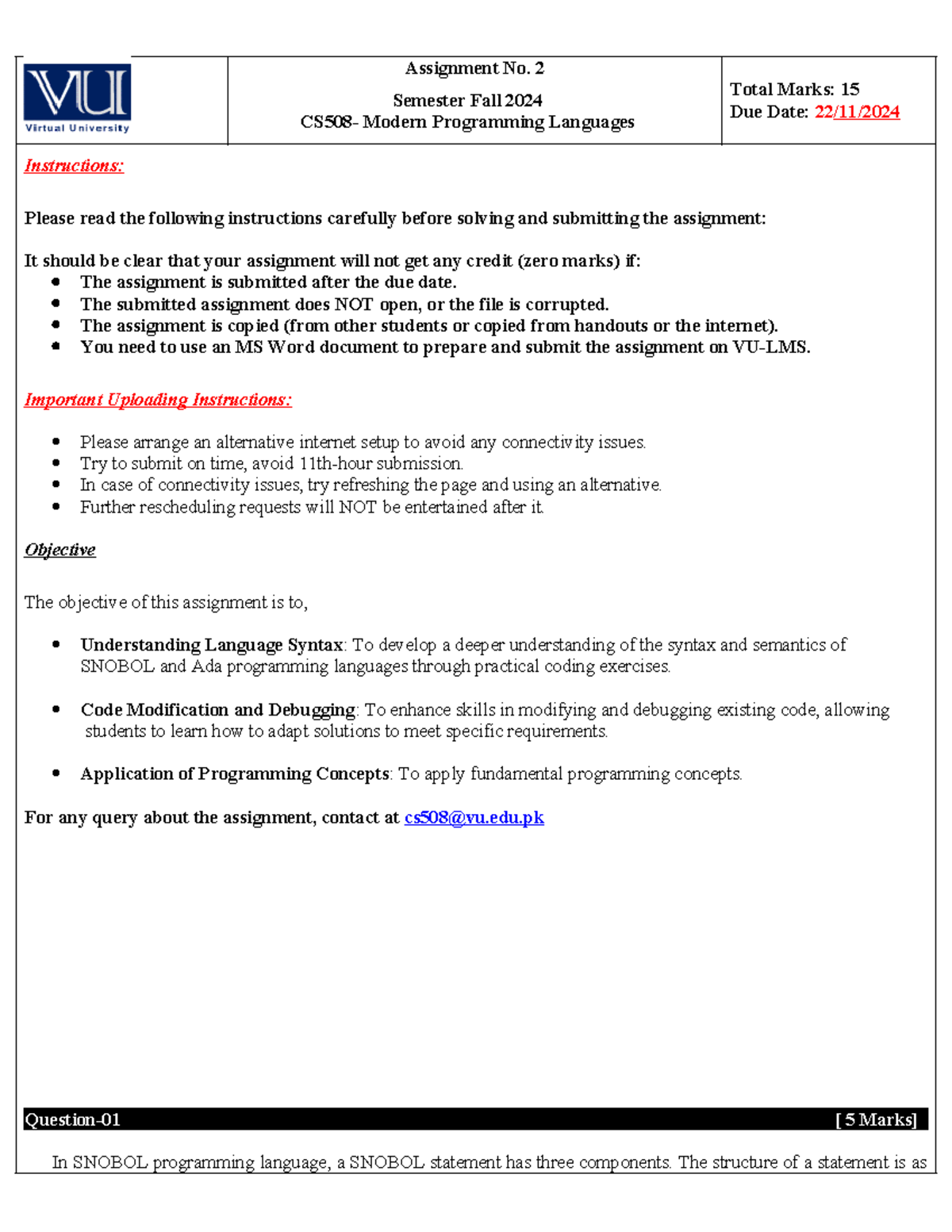 Fall 2024 CS508 2 - bmj nnk - Assignment No. 2 Semester Fall 2024 CS508- Modern Programming ...