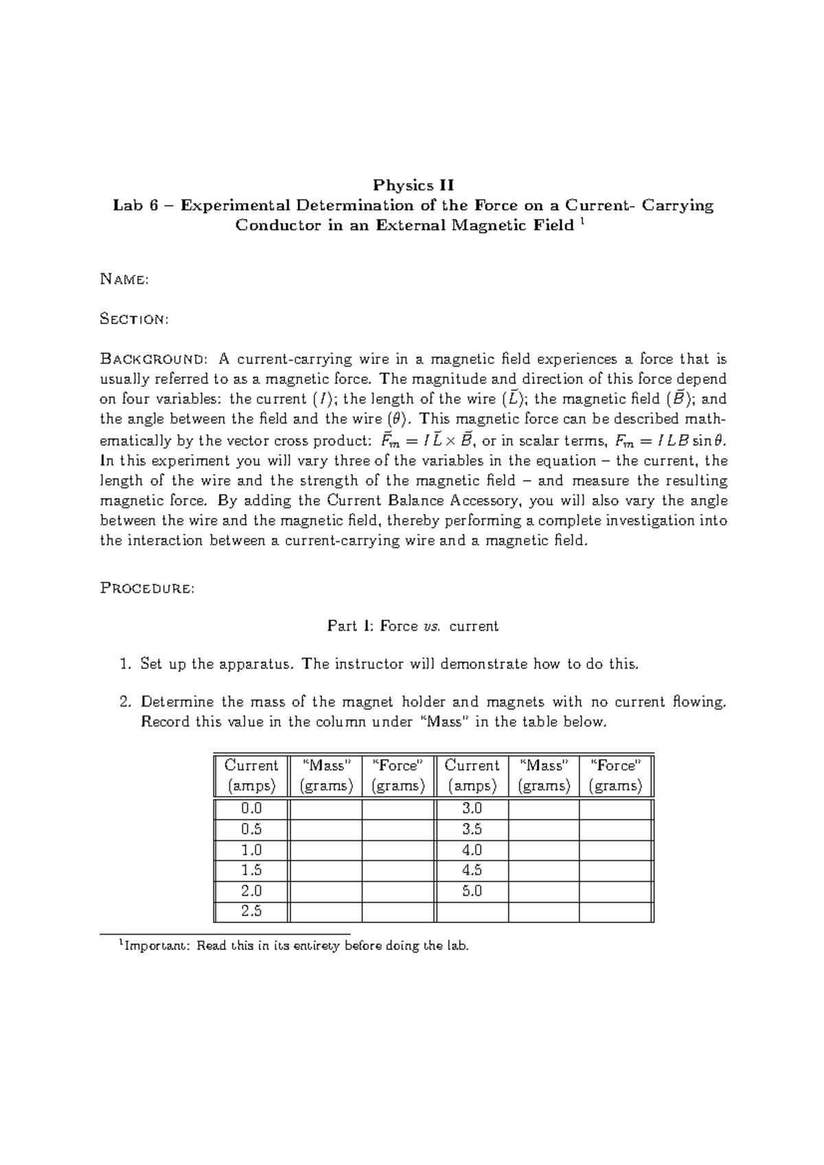 Phy IIlab 6 - Physics II Lab 6 – Experimental Determination of the ...