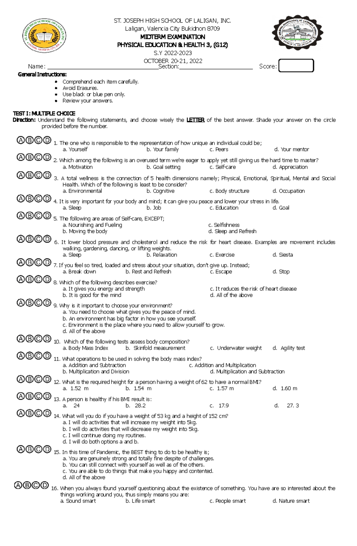 PE3- Midterm - My act - General Instructions: Comprehend each item ...