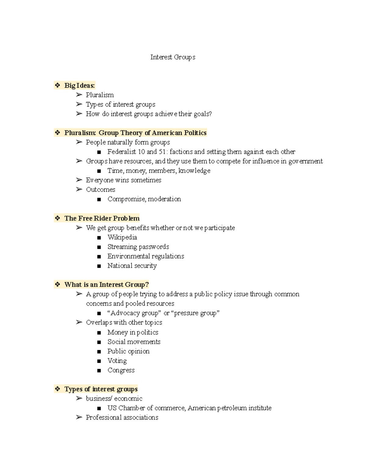 PLS 105, Interest Groups - Interest Groups Big Ideas: Pluralism Types ...