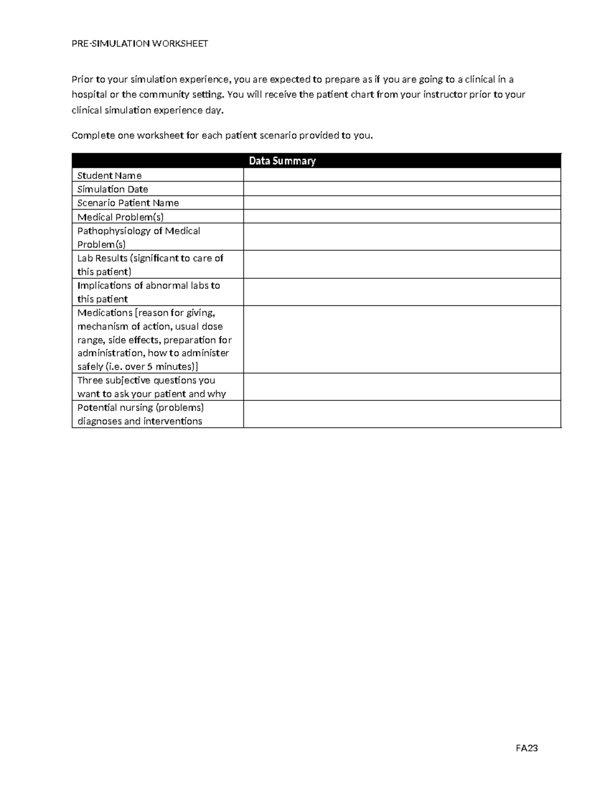 Pre-Sim Worksheet - PRE-SIMULATION WORKSHEET Prior to your simulation ...