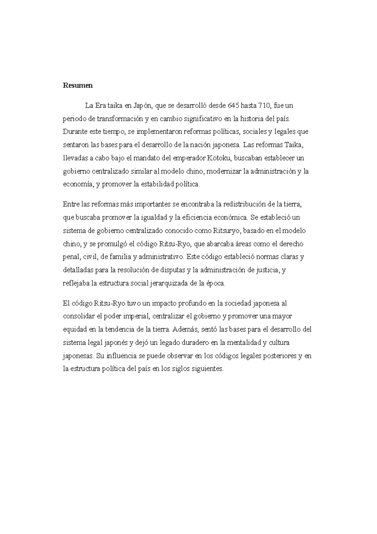 Ensayo Historia - Resumen La Era taika en Japón, que se desarrolló ...