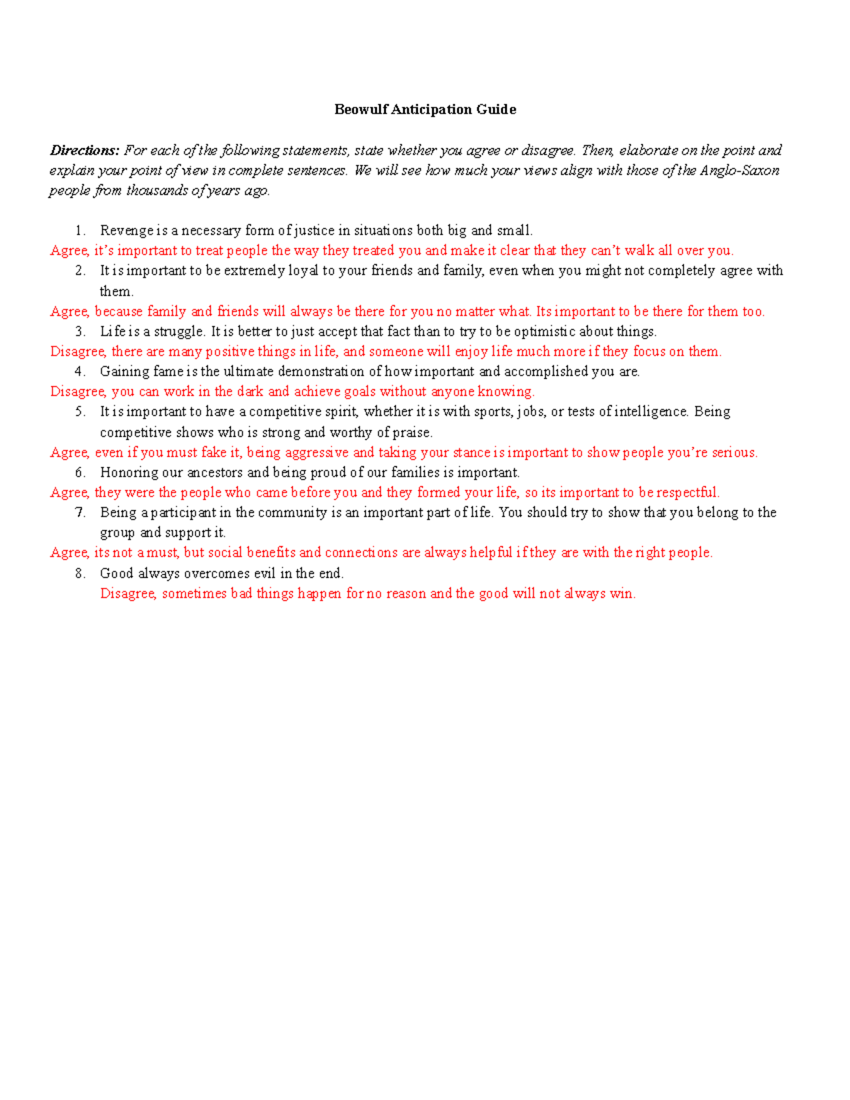 Beowulf Anticipation Guide 1 - Beowulf Anticipation Guide Directions ...