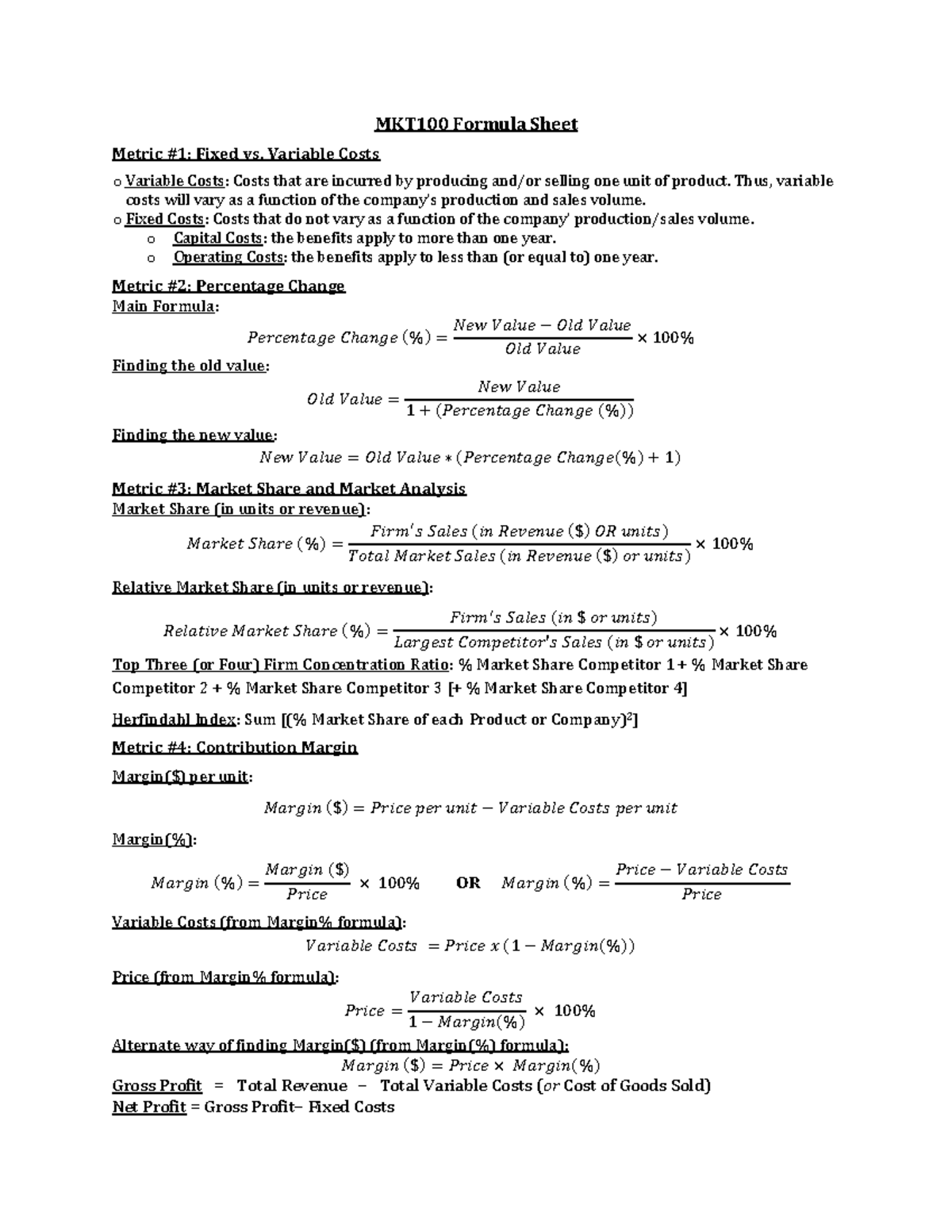 MKT100 Midterm 2 -Formula Sheet - MKT100 Formula Sheet Metric #1: Fixed ...