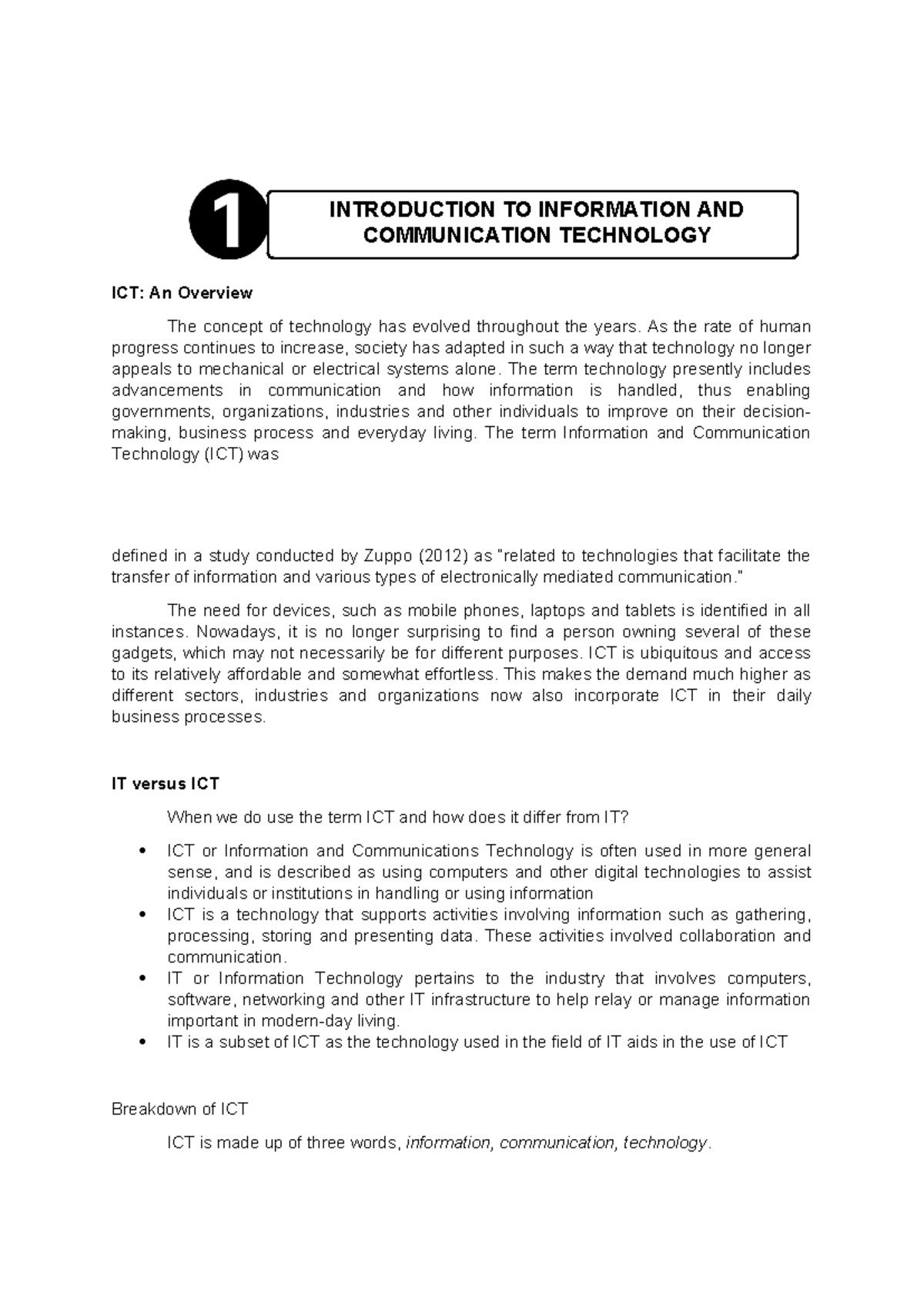 Chapter 1 Living IN THE IT ERA - ICT: An Overview The concept of ...