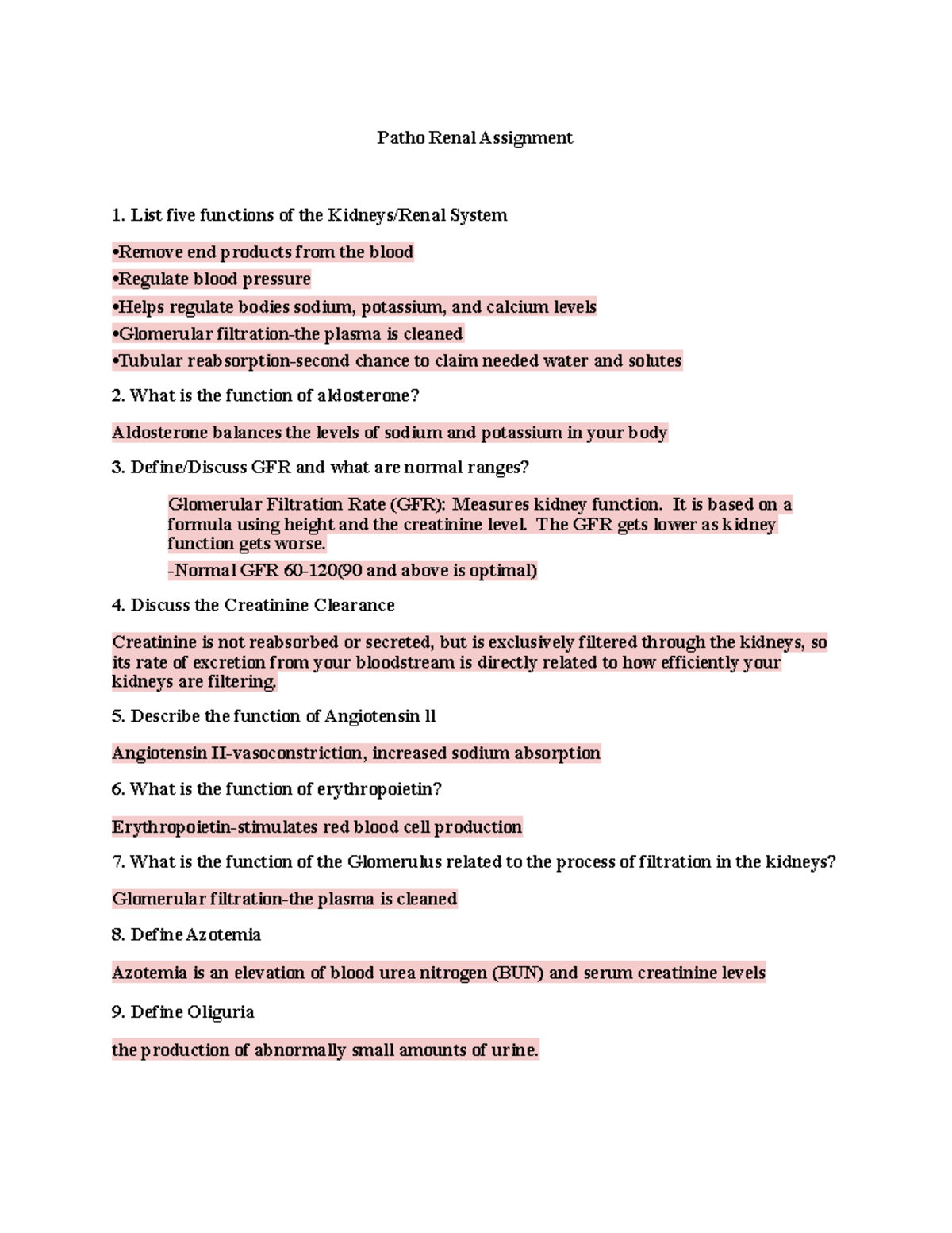 Pathophysiology 2 Renal Assignment UMHB - NURS 3320 - Studocu