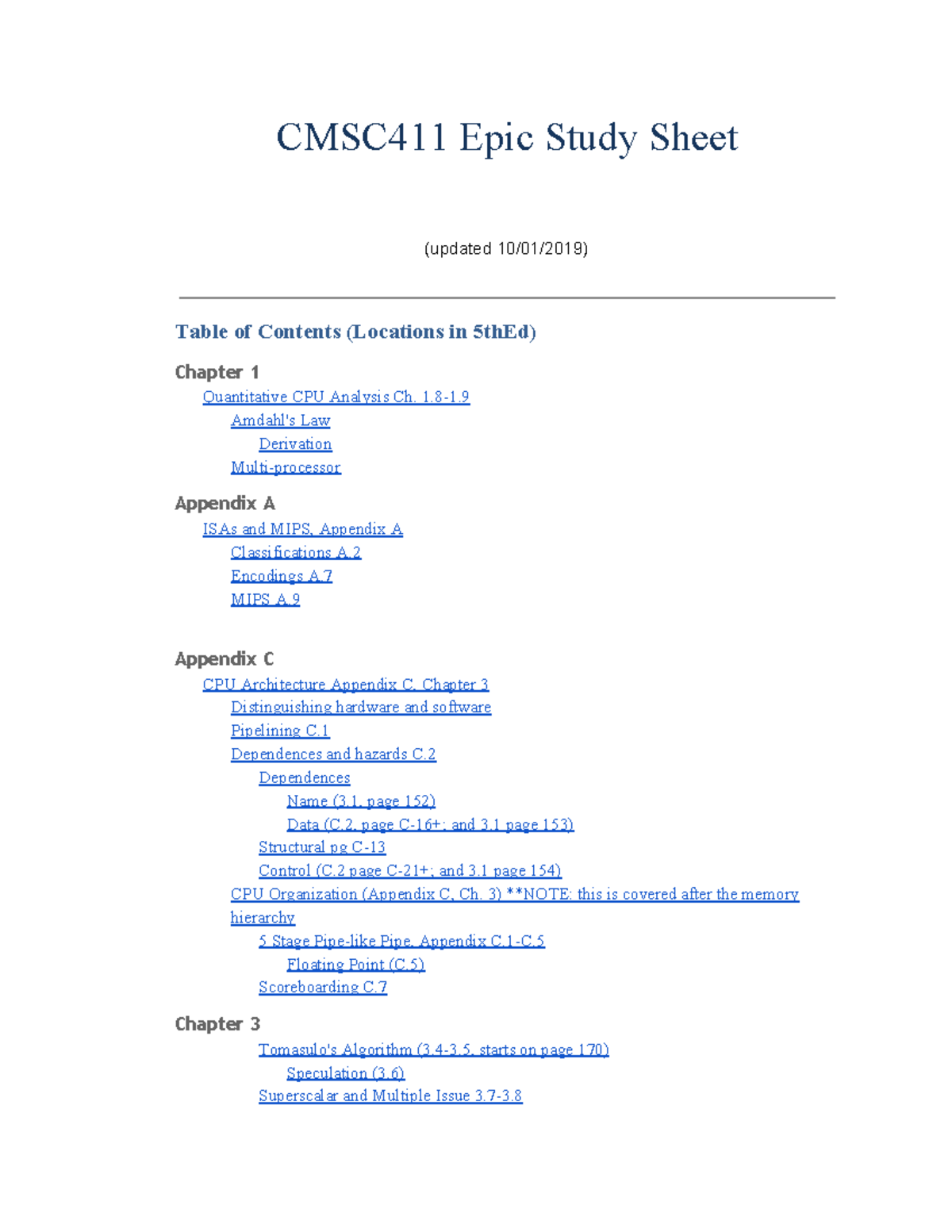 Epic Study Guide - CMSC411 Epic Study Sheet (updated 10/01/2019) Table ...