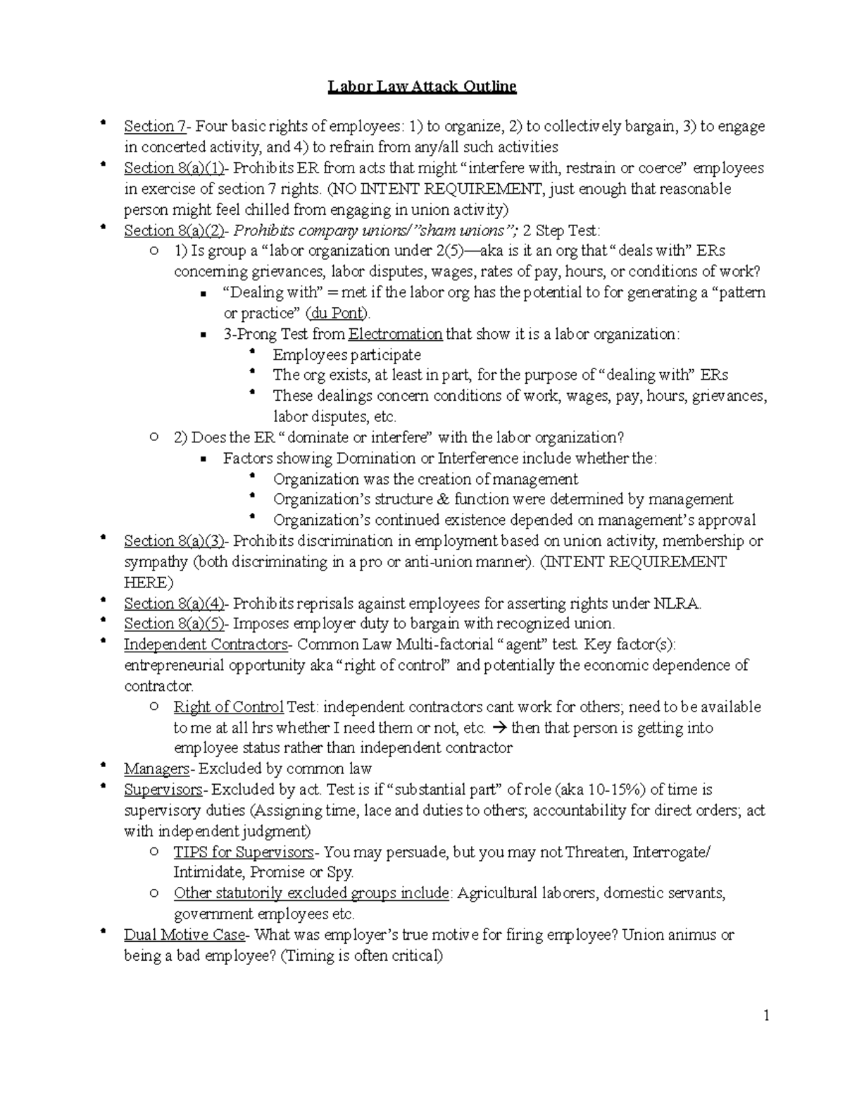 Labor Law attack outline - Labor Law Attack Outline Section 7- Four ...