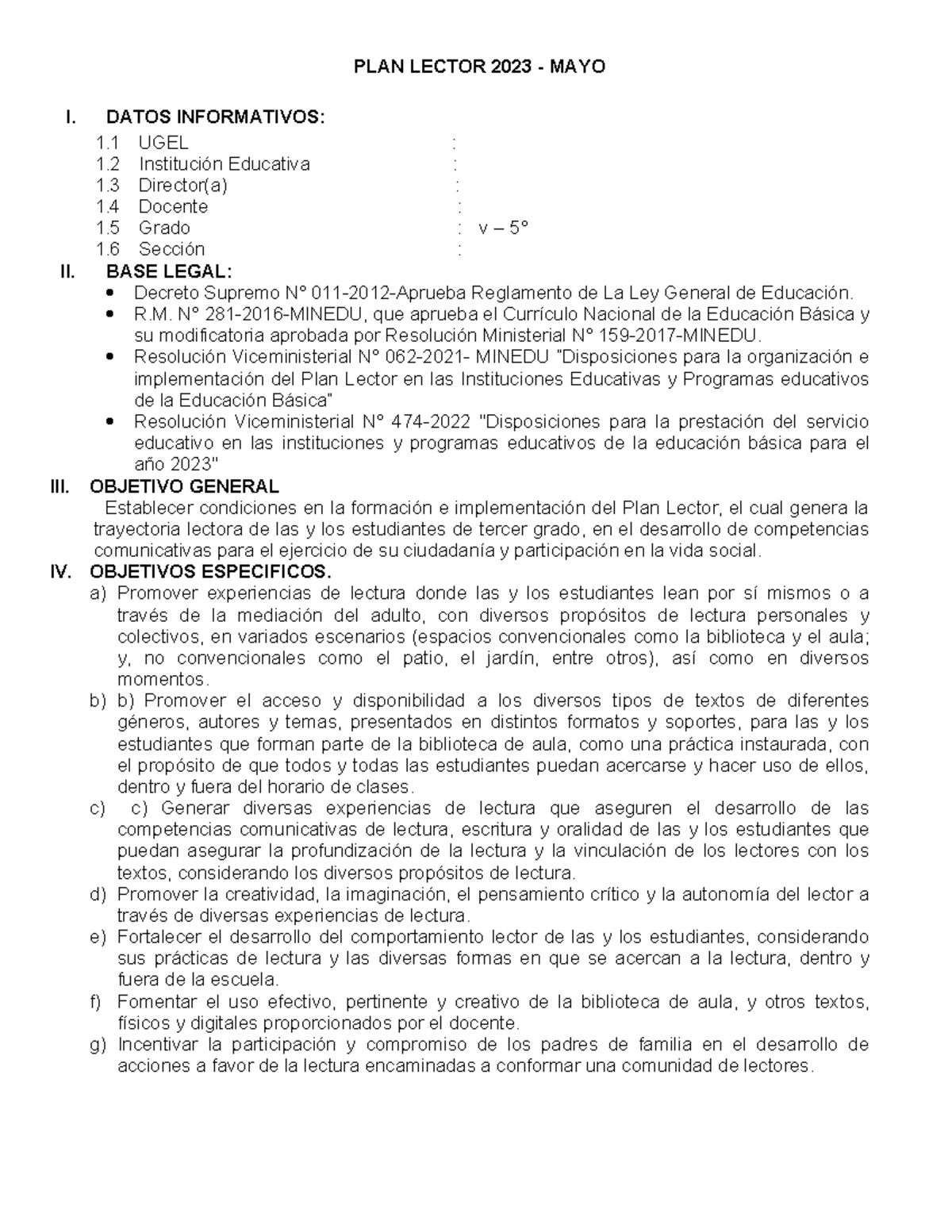 PLAN Lector 5° - PLAN LECTOR 2023 - MAYO I. DATOS INFORMATIVOS: 1 UGEL : 1 Institución Educativa ...