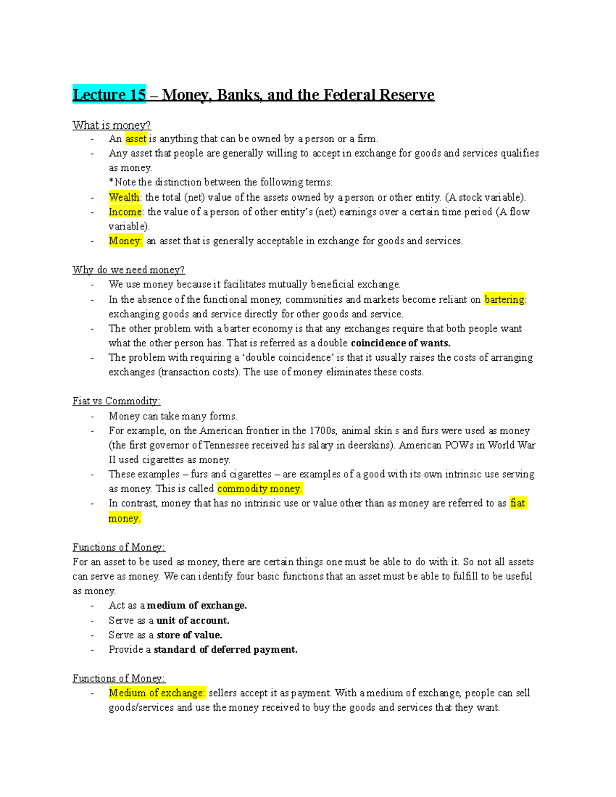 Lecture 15 macro - Lecture 15 – Money, Banks, and the Federal Reserve ...