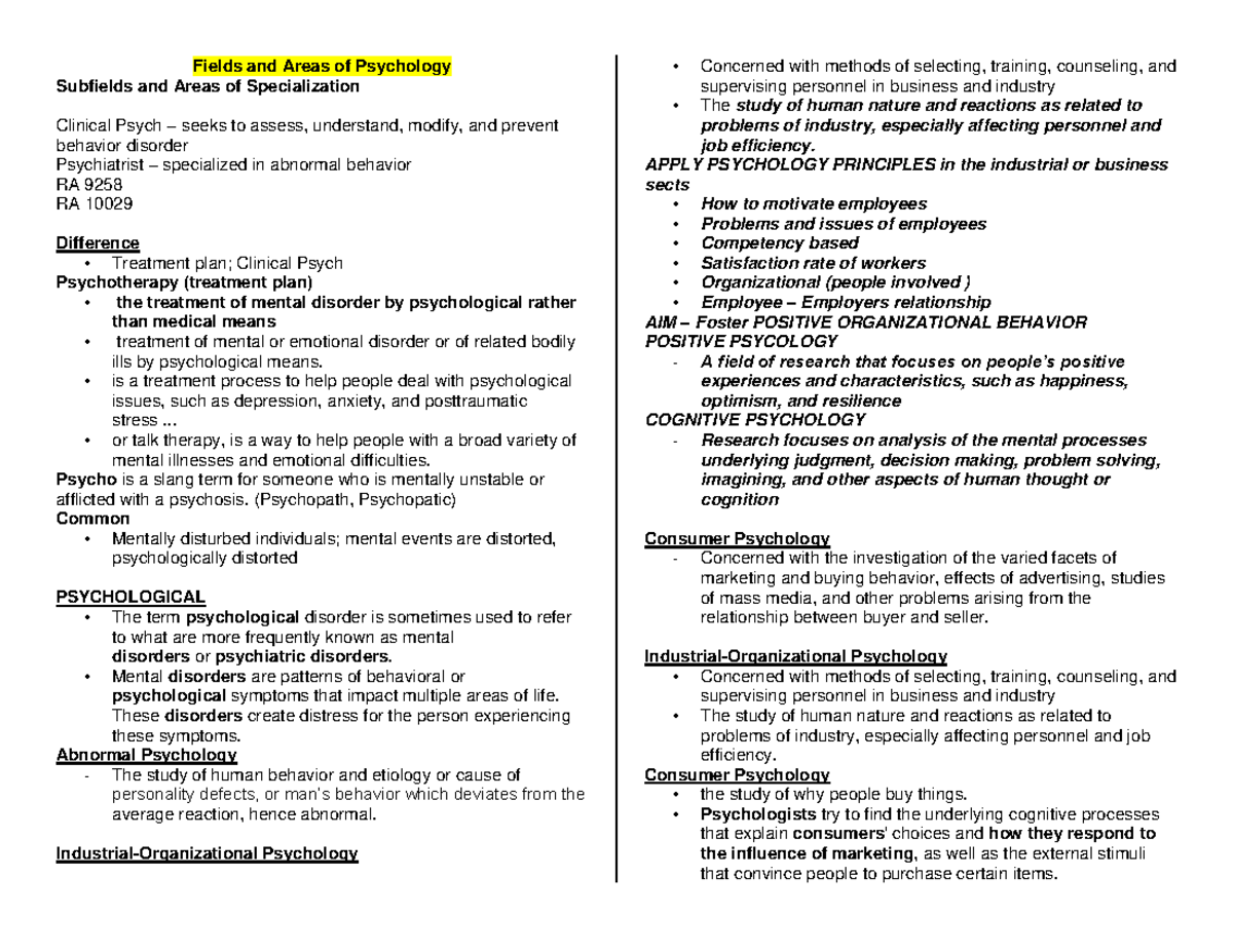 Fields and Areas of Psychology - Fields and Areas of Psychology ...