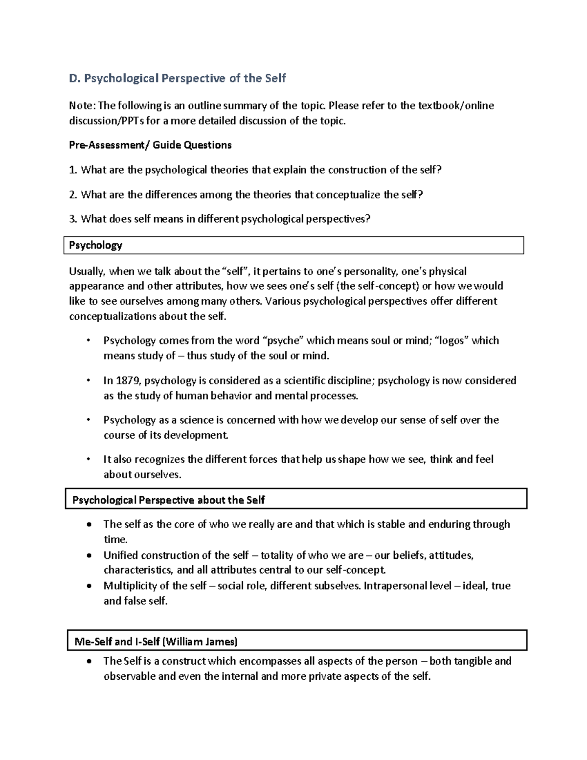 Psychological Perspective of the Self - D. Psychological Perspective of ...