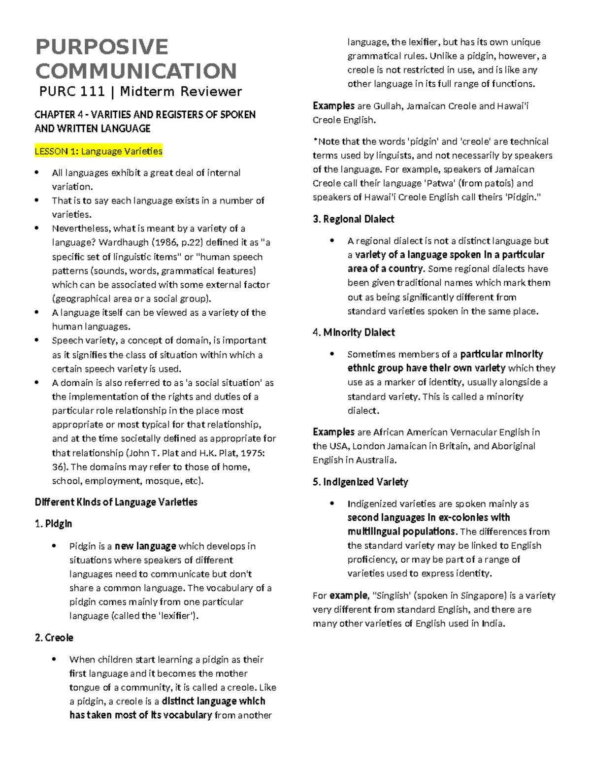 PURC111 Midterm Reviewer - PURPOSIVE COMMUNICATION PURC 111 | Midterm ...