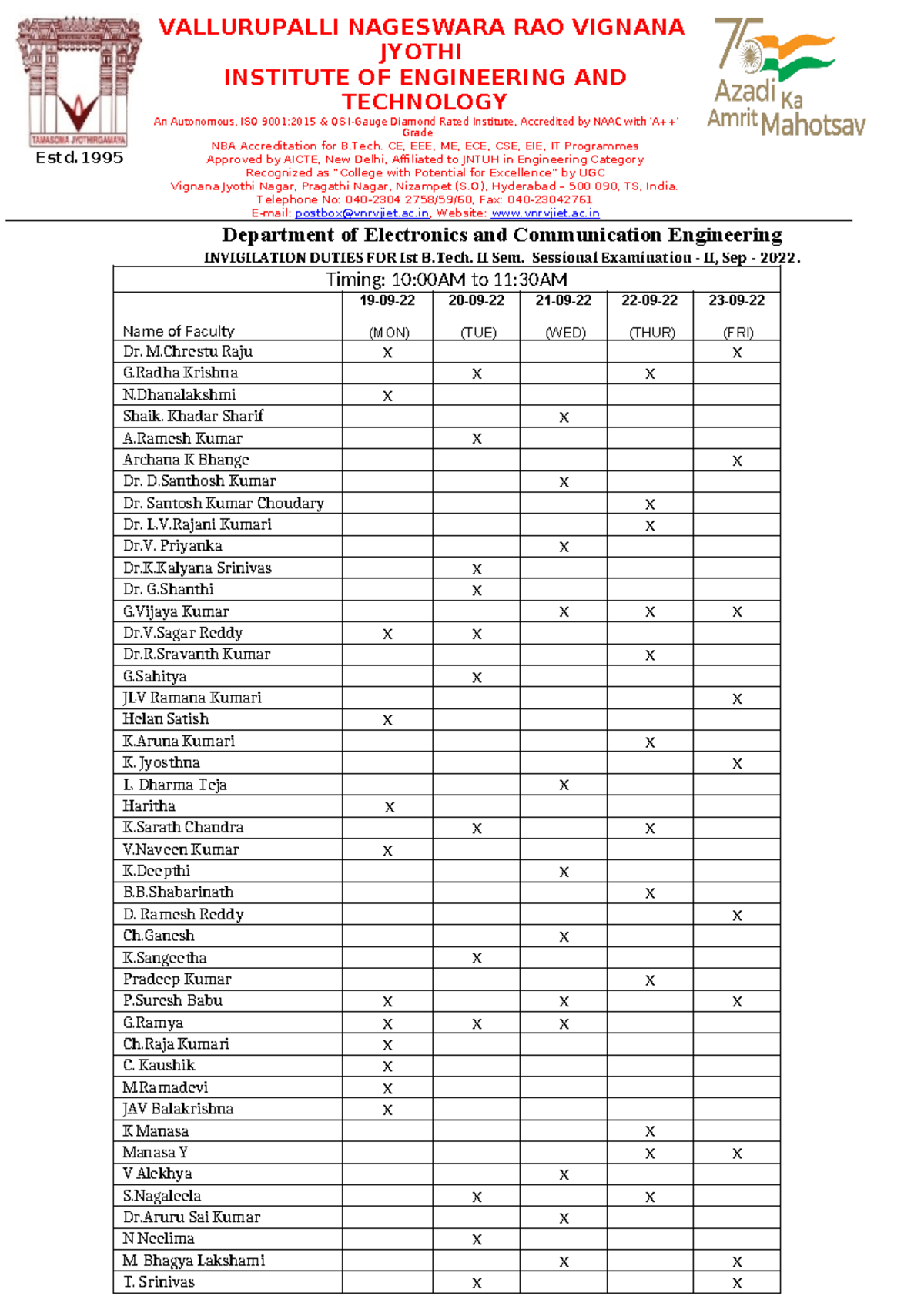 Invigilation duties I B.Tech. II Sem Mid Examinations, Sep 2022 - Estd ...