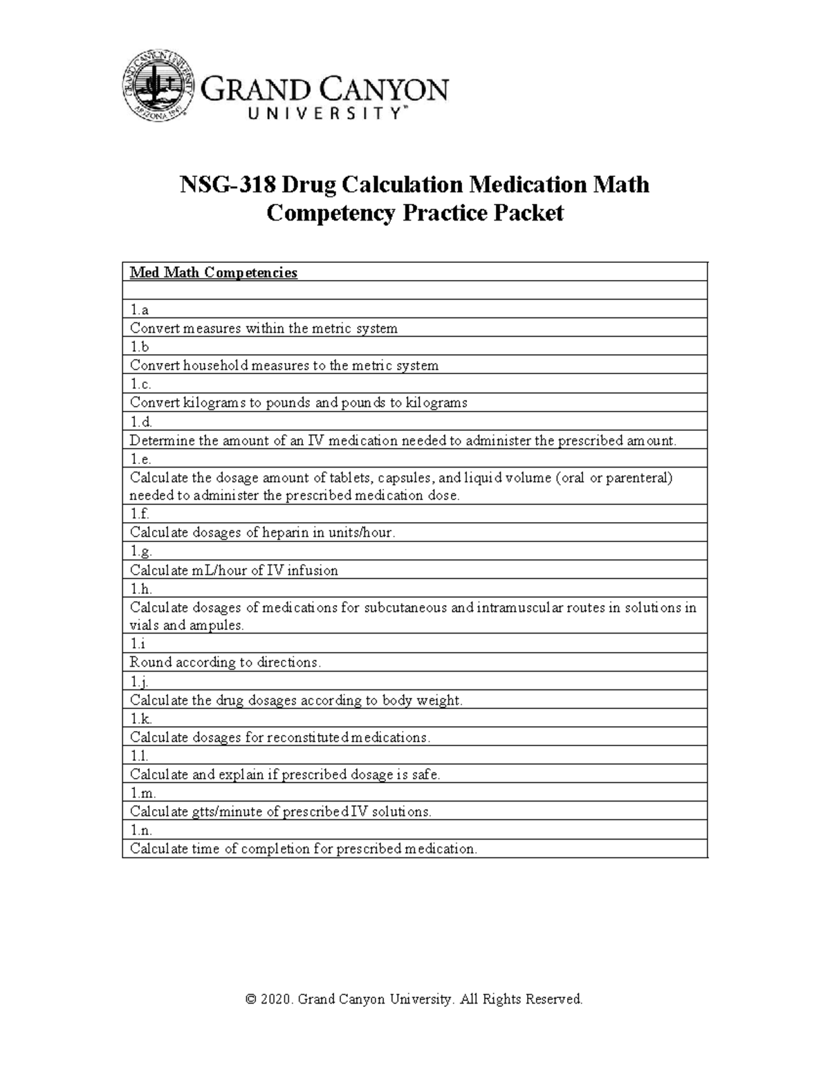 NSG-318 Drug Calculation Medication Math Competency Practice Packet ...