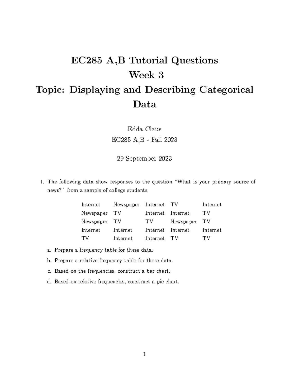 Tut Week 3 F23 Stats Tutorial Questions Ec285 Ab Tutorial Questions Week 3 Topic