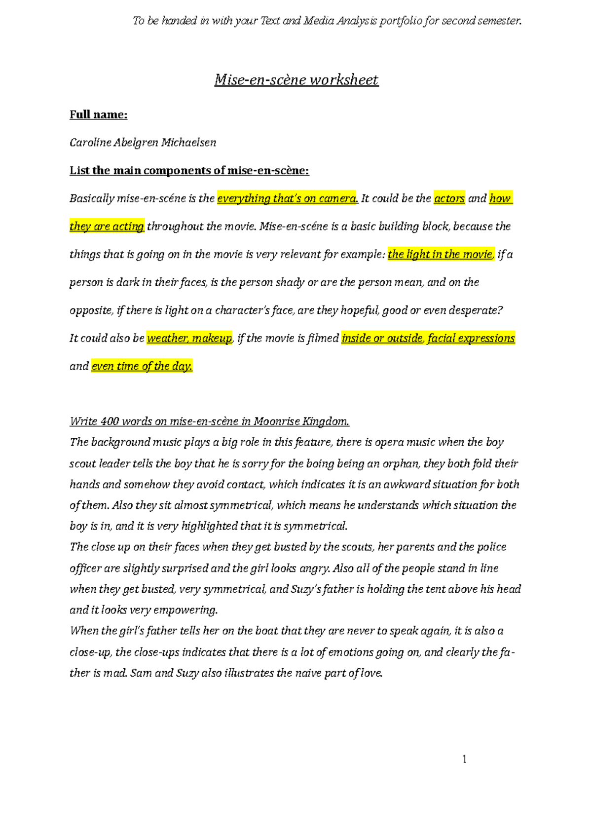 Mise-en-scene Worksheet - To be handed in with your Text and Media ...