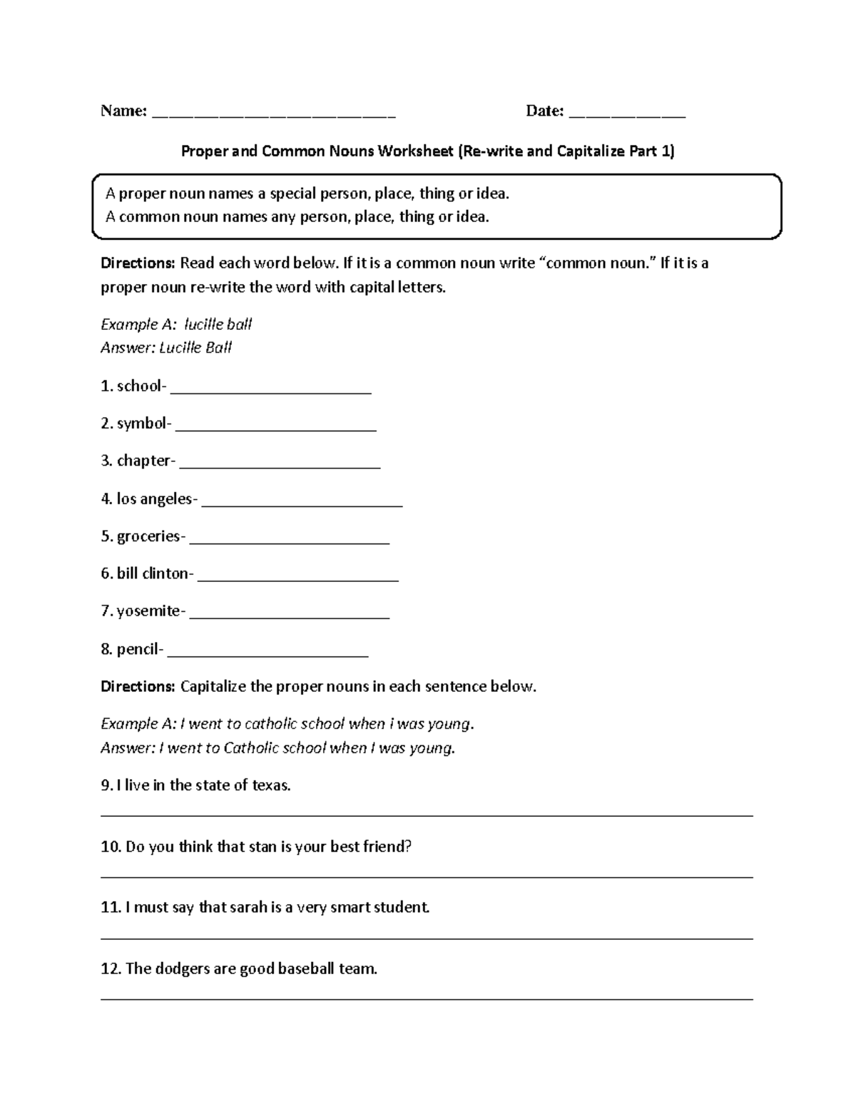 Proper Common Nouns Re Write Capitalize P 1 Advanced - Name