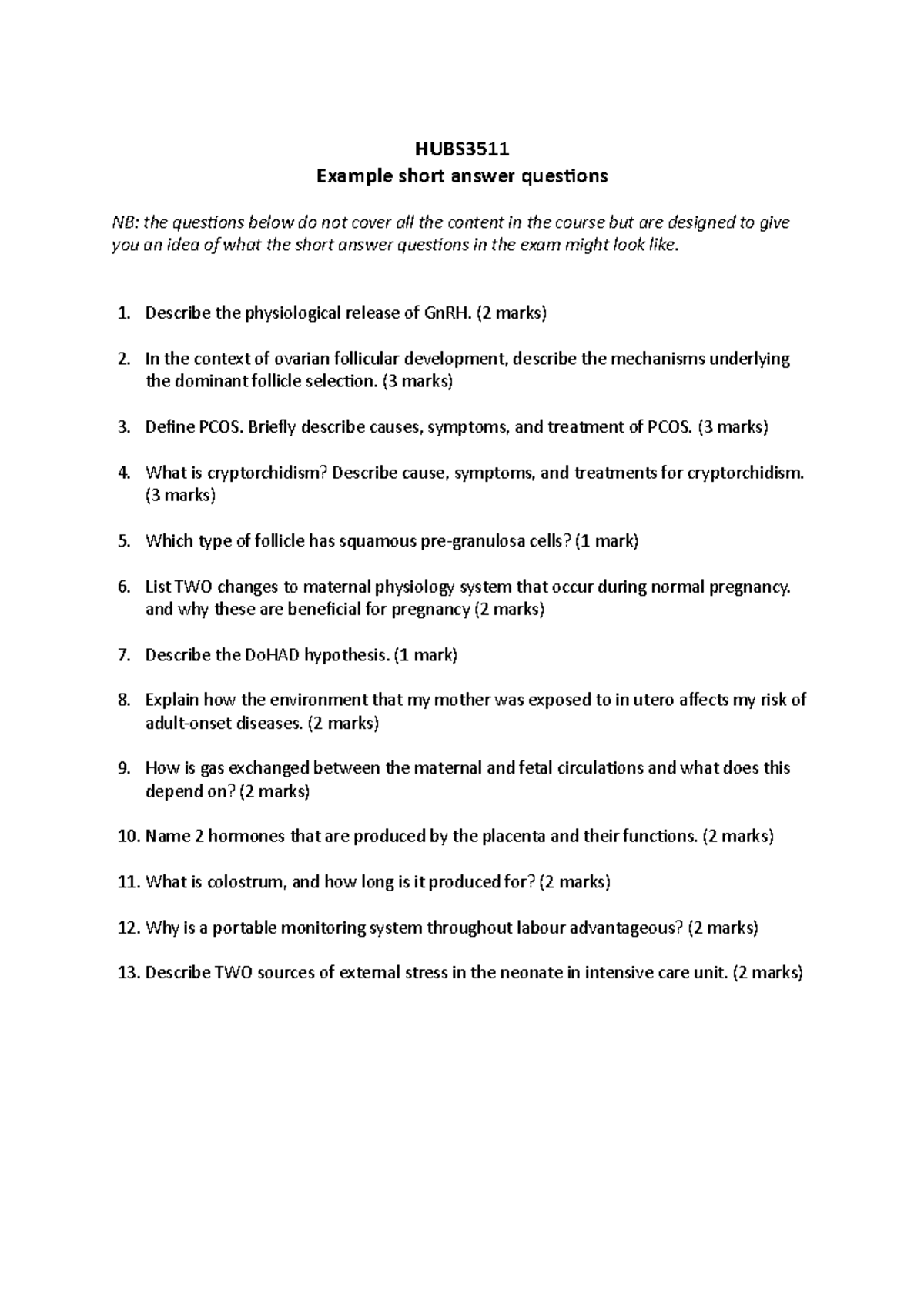 EXAM SAQ's - BIOMED - HUBS Example short answer questions NB: the ...