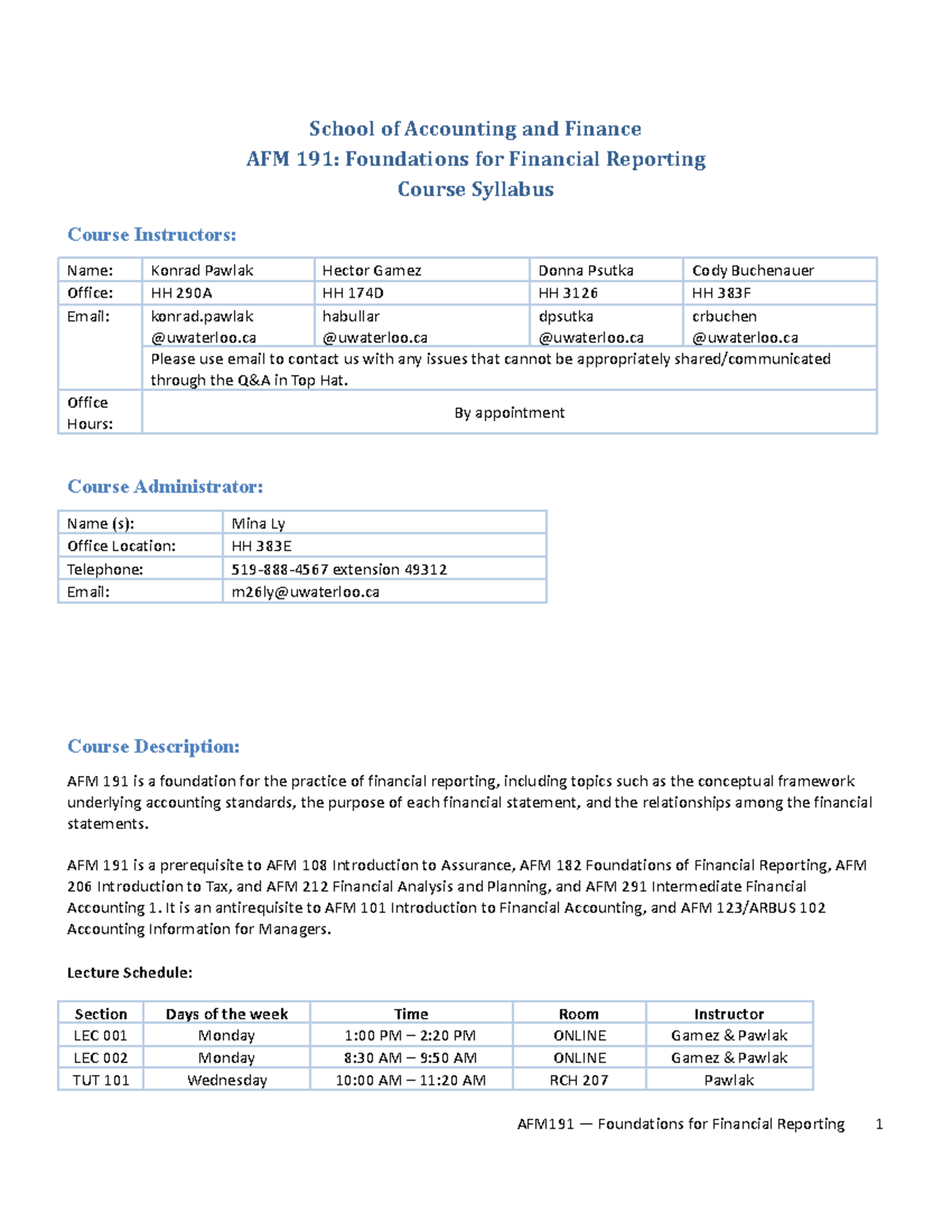 AFM 191 Syllabus Fall 2021 - School of Accounting and Finance AFM 191 ...