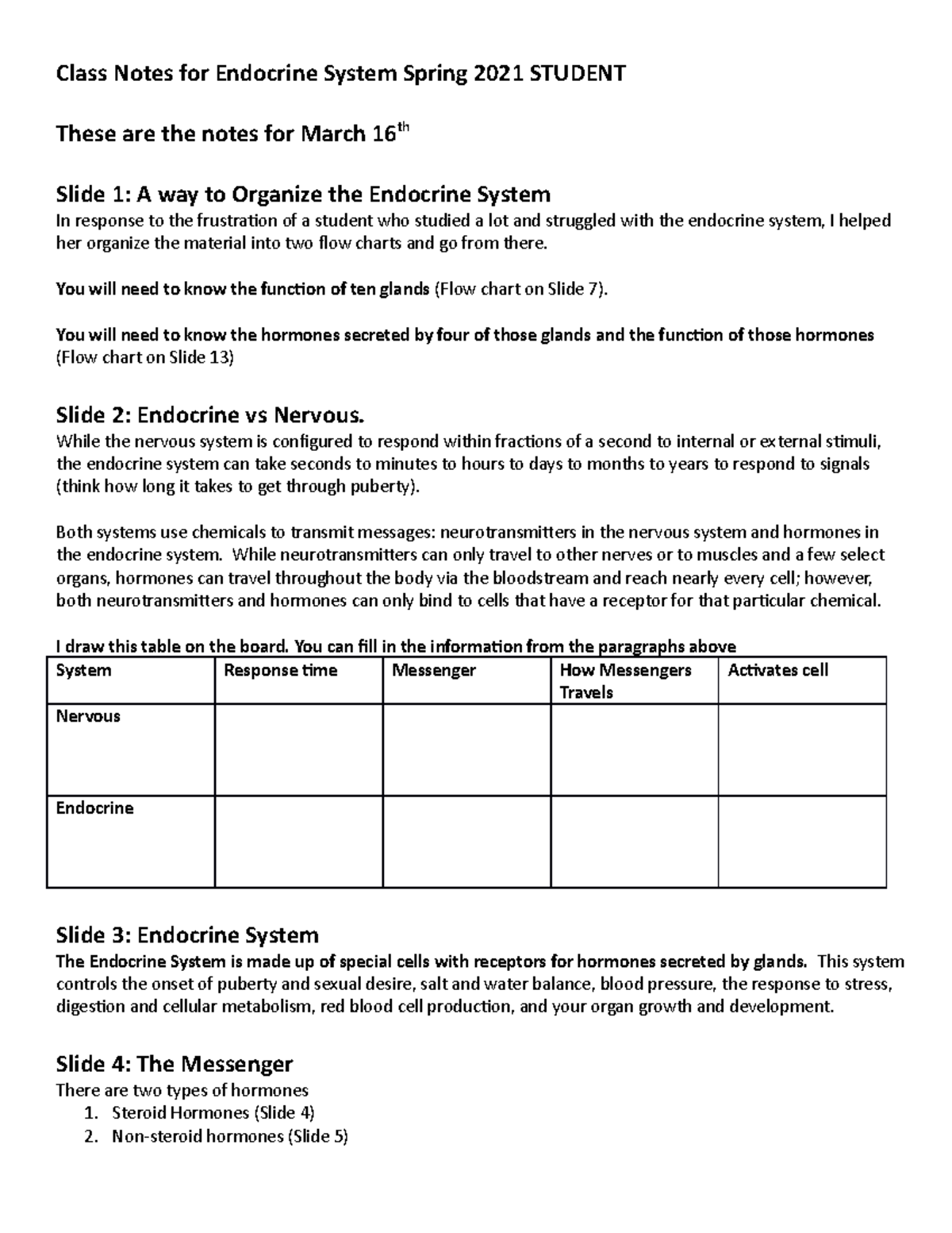 Class Notes: Endocrine System - Class Notes for Endocrine System Spring ...