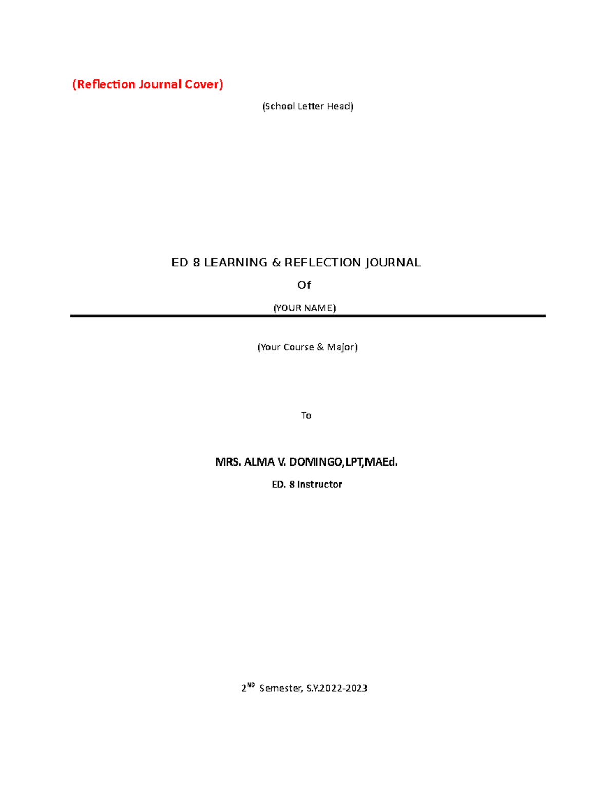 Reflection-Journal-Contents - (Reflection Journal Cover) (School Letter ...