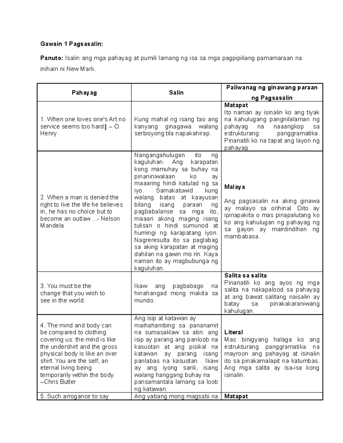 GA - Keep up - Gawain 1 Pagsasalin: Panuto: Isalin ang mga pahayag at ...