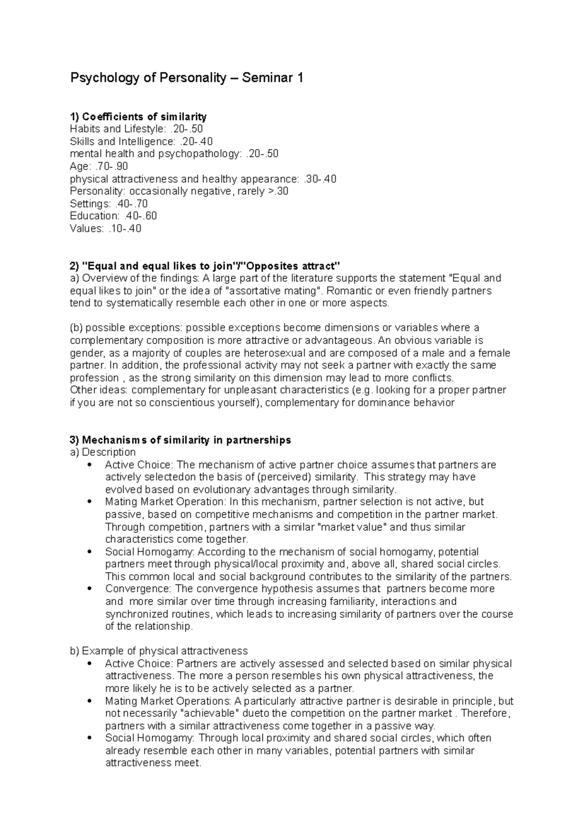 Seminar 1 - Similarity in partnerships - Psychology of Personality ...