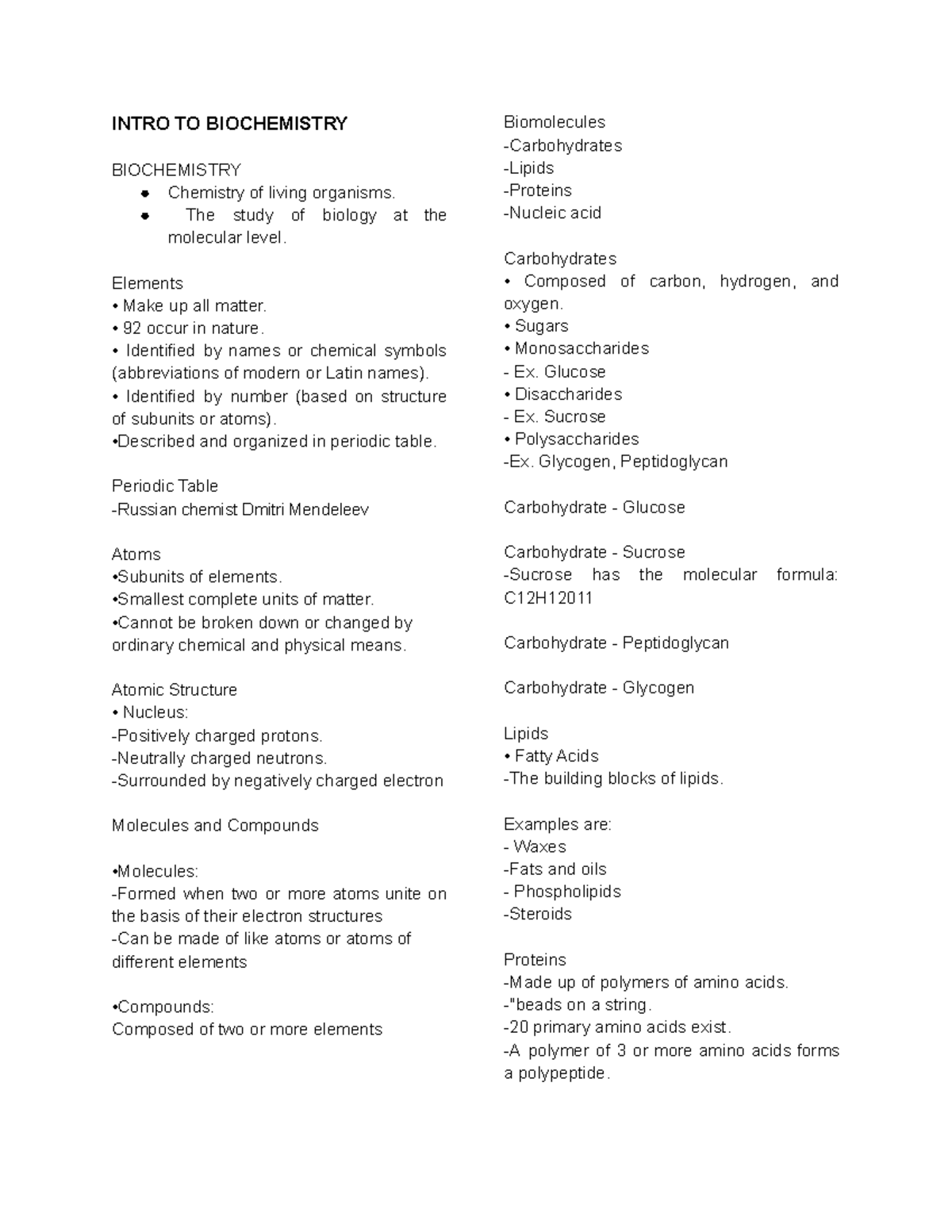 Intro TO Biochemistry-worddocs - INTRO TO BIOCHEMISTRY BIOCHEMISTRY ...