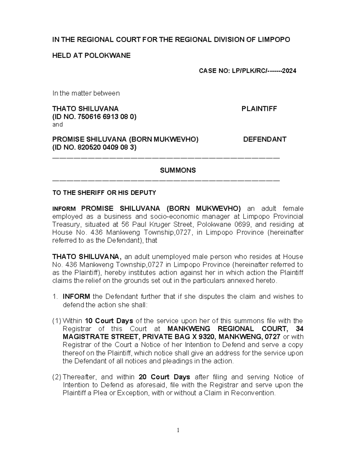 Example OF Divorce Summons - IN THE REGIONAL COURT FOR THE REGIONAL DIVISION OF LIMPOPO HELD AT ...
