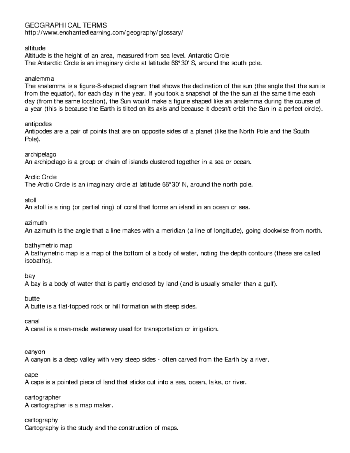 Copy of Geographical Terms - GEOGRAPHICAL TERMS enchantedlearning/geography/glossary/ altitude ...