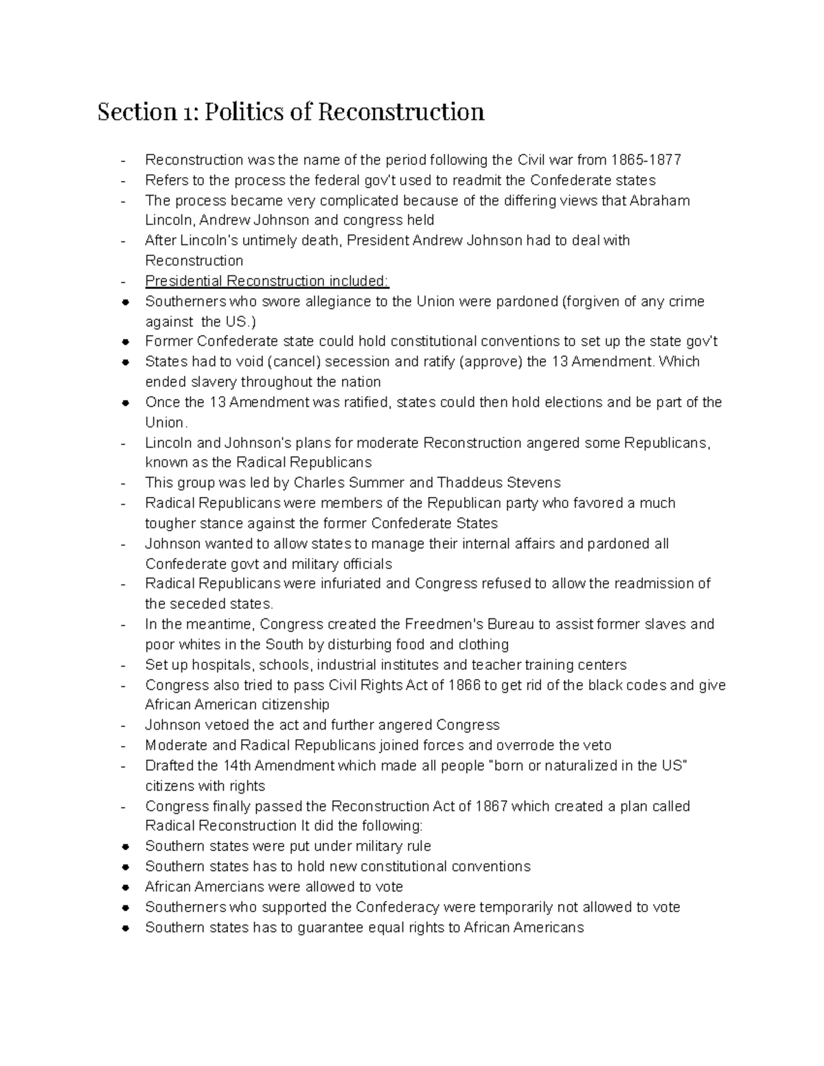 CH 12 History Notes - Section 1: Politics of Reconstruction ...