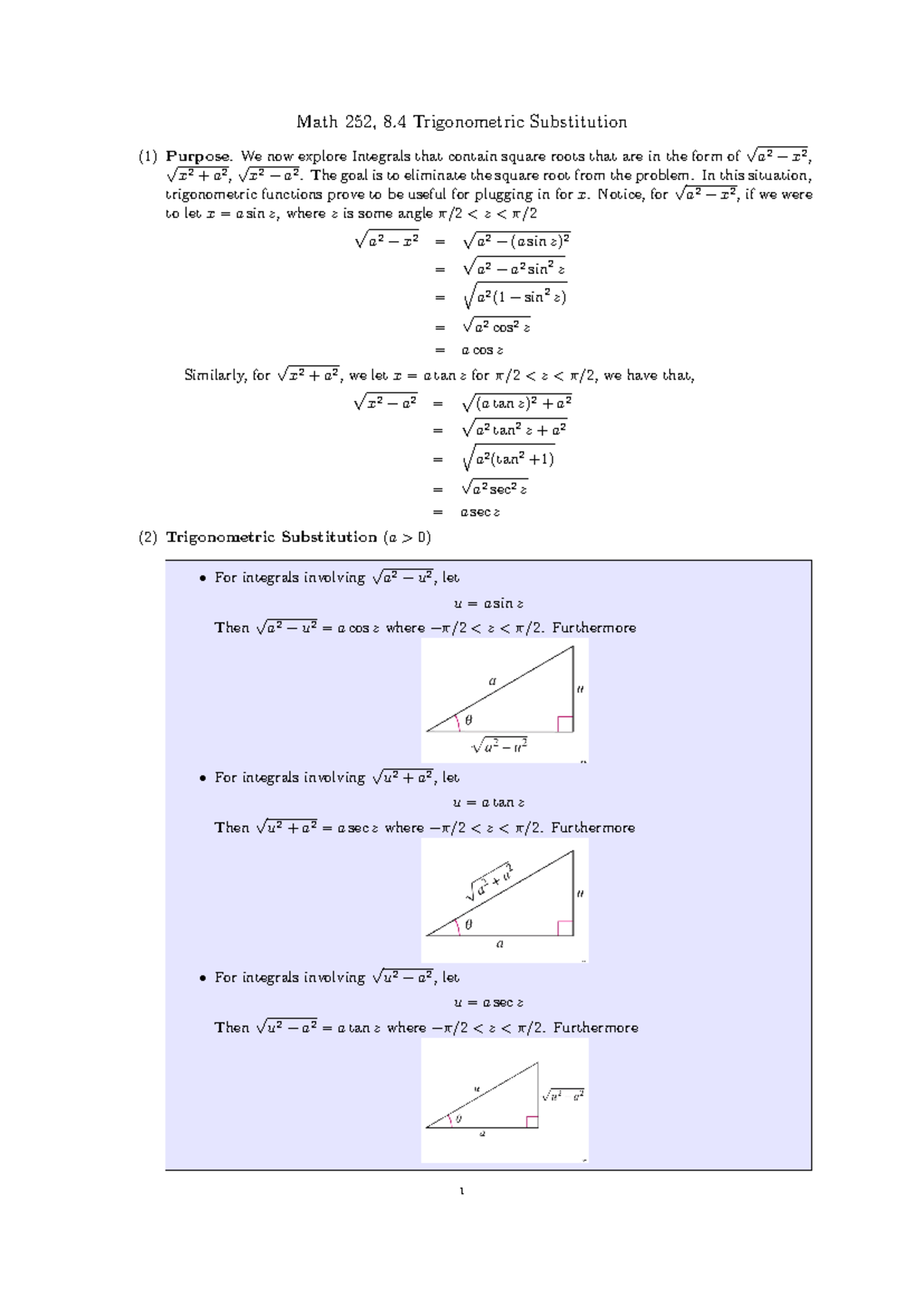 Trigonometric Substitution - Math 252, 8 Trigonometric Substitution (1 ...