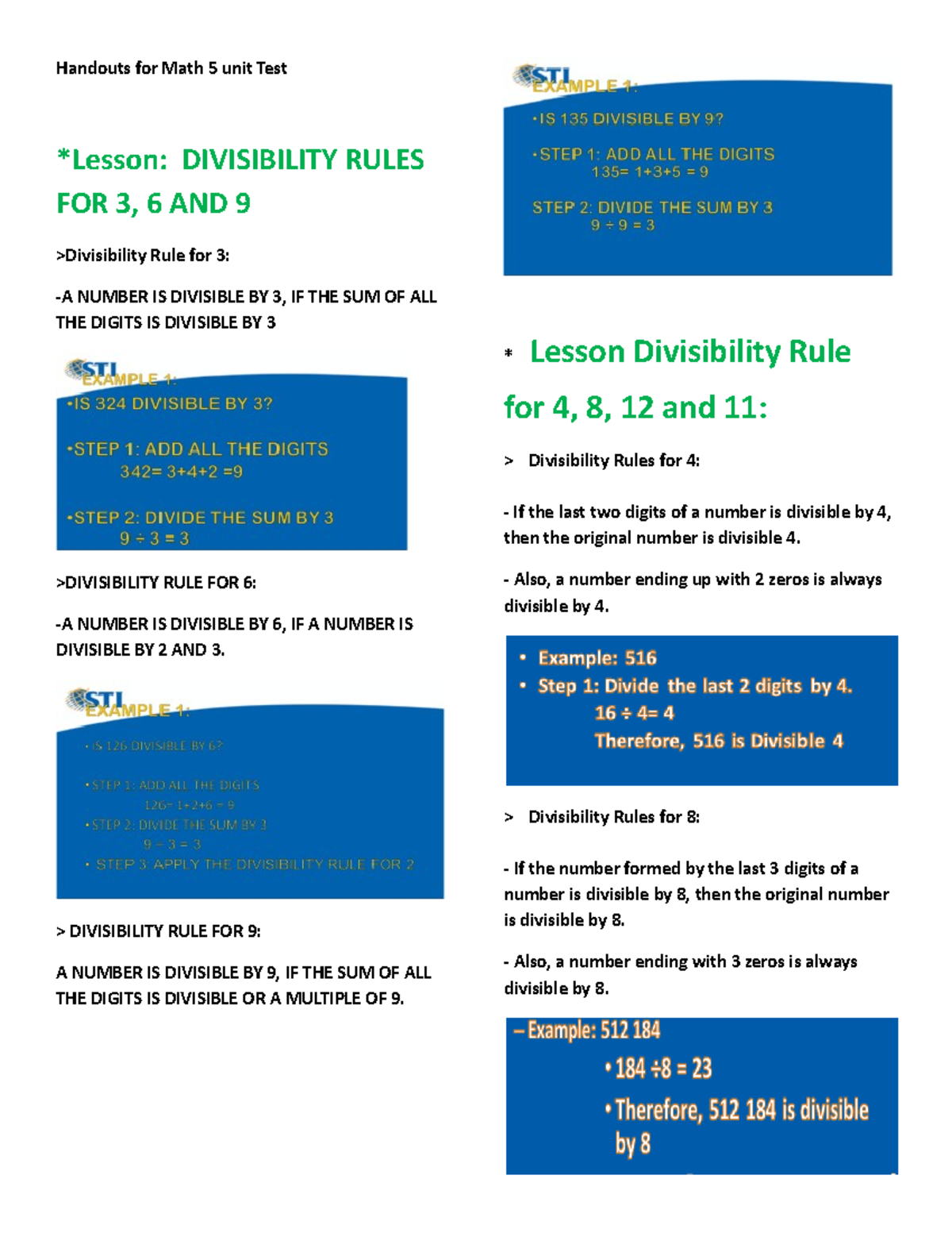 Handouts for Math 5 unit Test - > DIVISIBILITY RULE FOR 9: A NUMBER IS ...