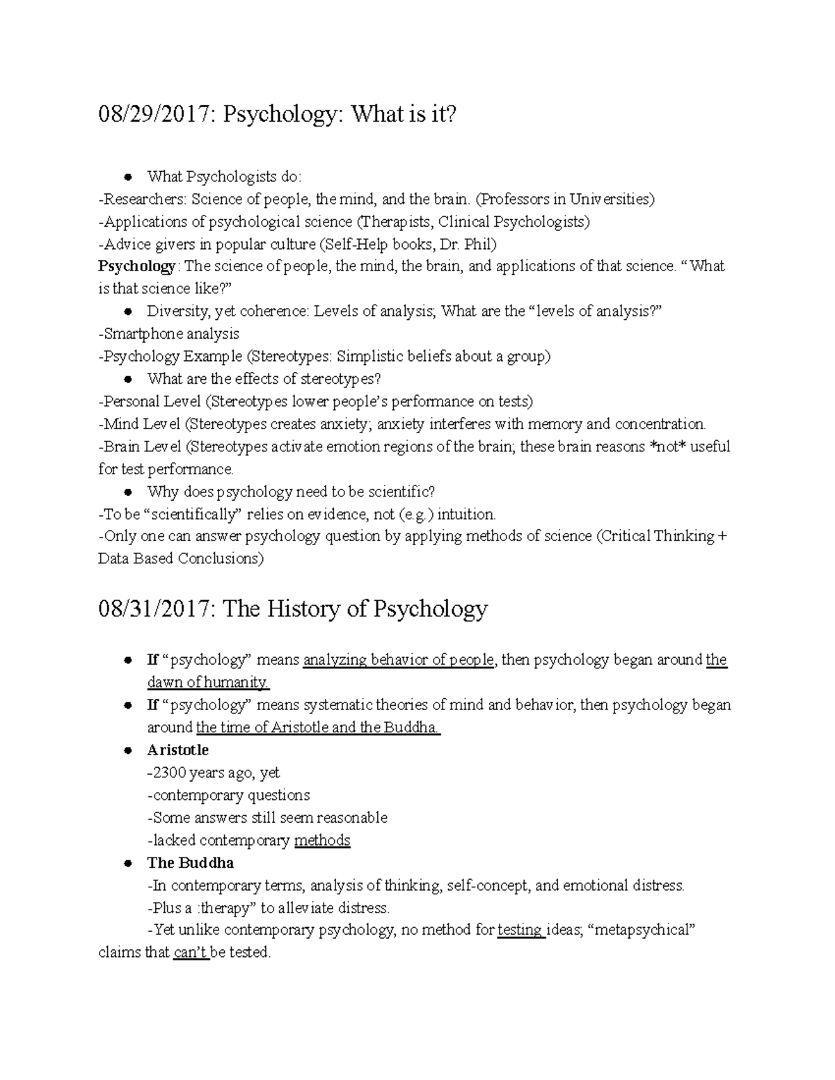 Psych Leture Notes - 08/29/2017: Psychology: What is it? What ...