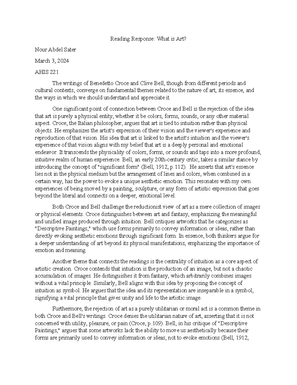 What is Art - ahis notes 221 - Reading Response: What is Art? Nour ...