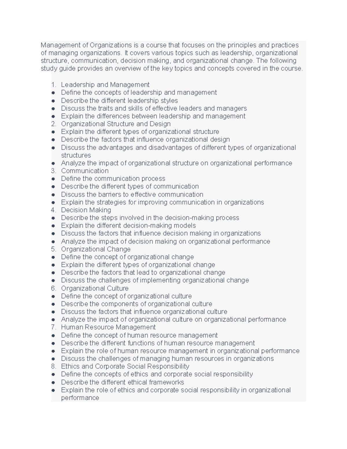 Study guide management organizations - Management of Organizations is a ...
