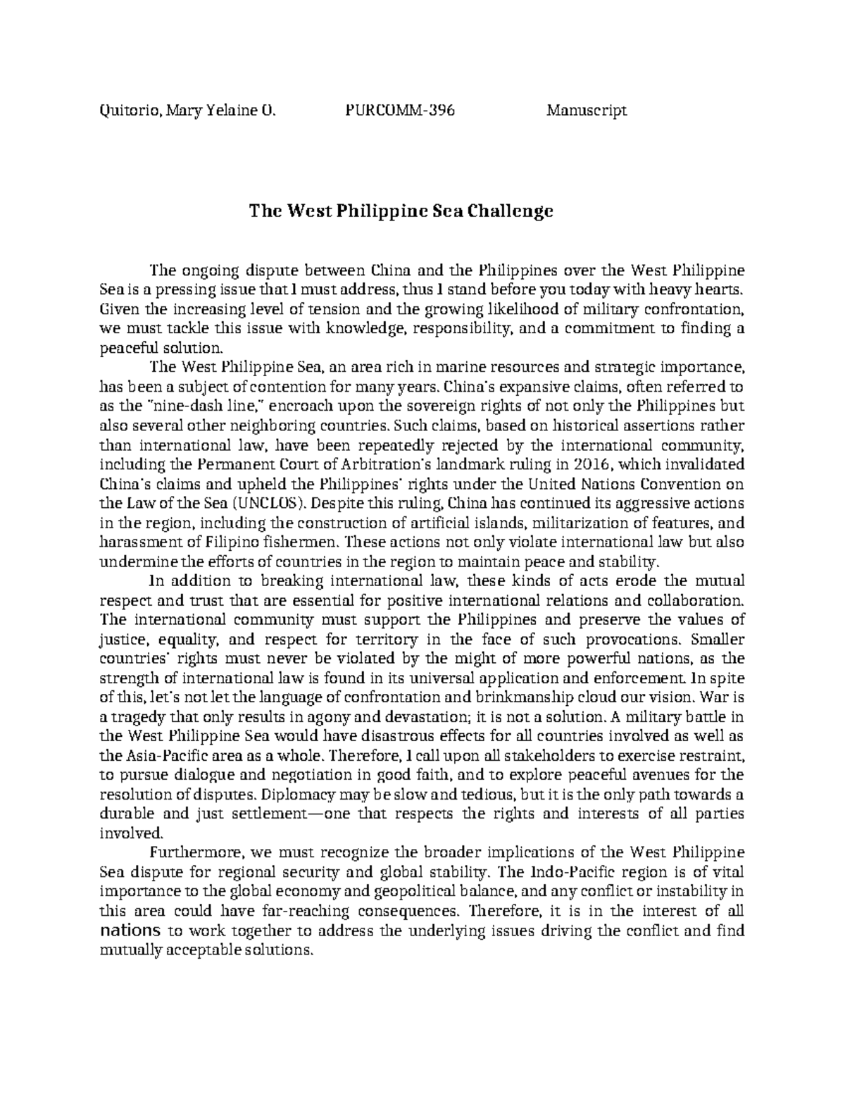 Purcom - assignment - Quitorio, Mary Yelaine O. PURCOMM-396 Manuscript The West Philippine Sea ...