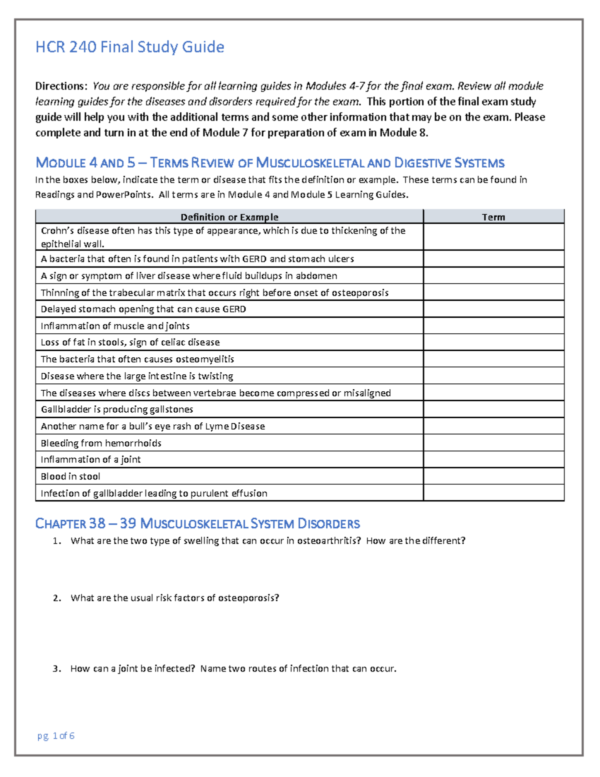 HCR 240 Module 7 Final Exam Study Guide - Directions: You are ...